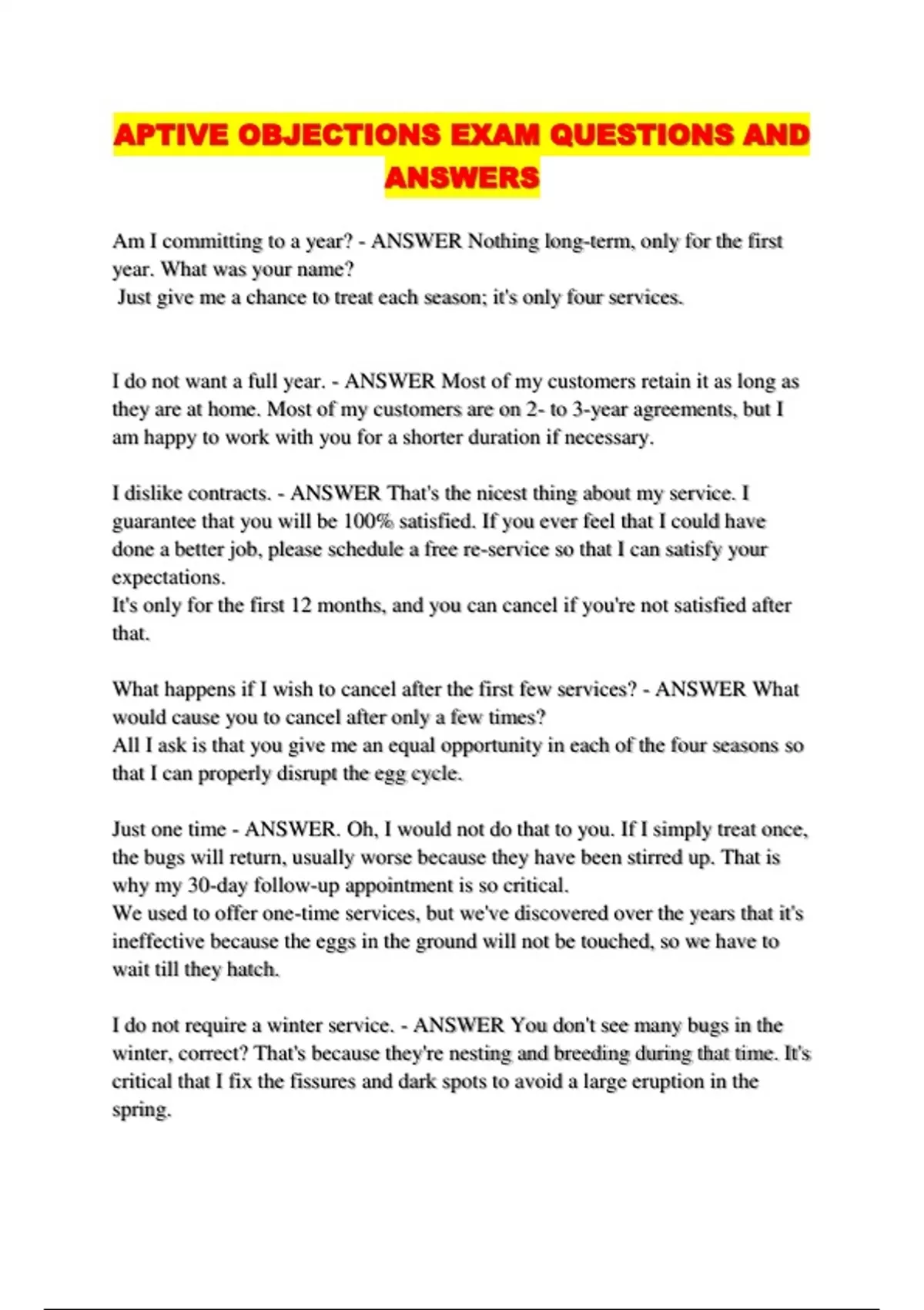 APTIVE OBJECTIONS EXAM QUESTIONS AND ANSWERS - APTIVE OBJECTIONS ...