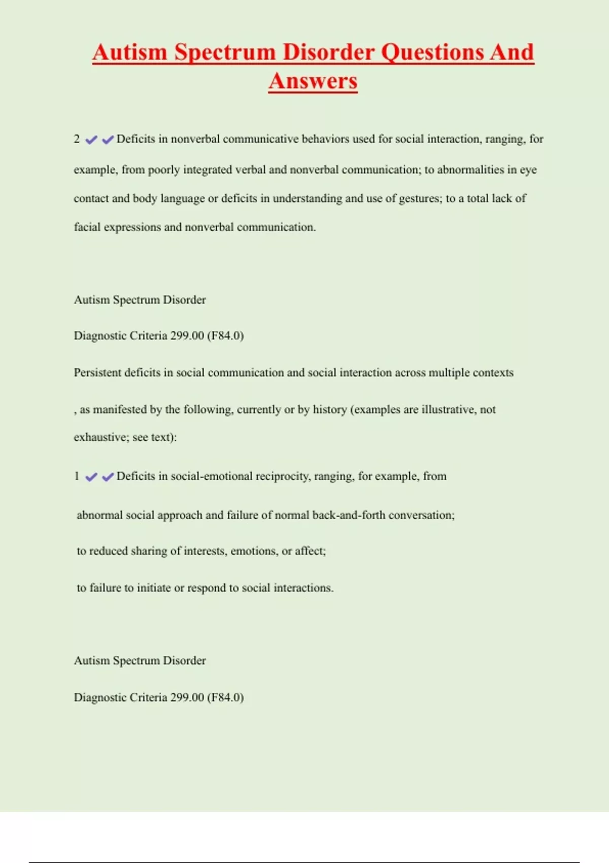 Autism Spectrum Disorder Questions And Answers - Autism - Stuvia US