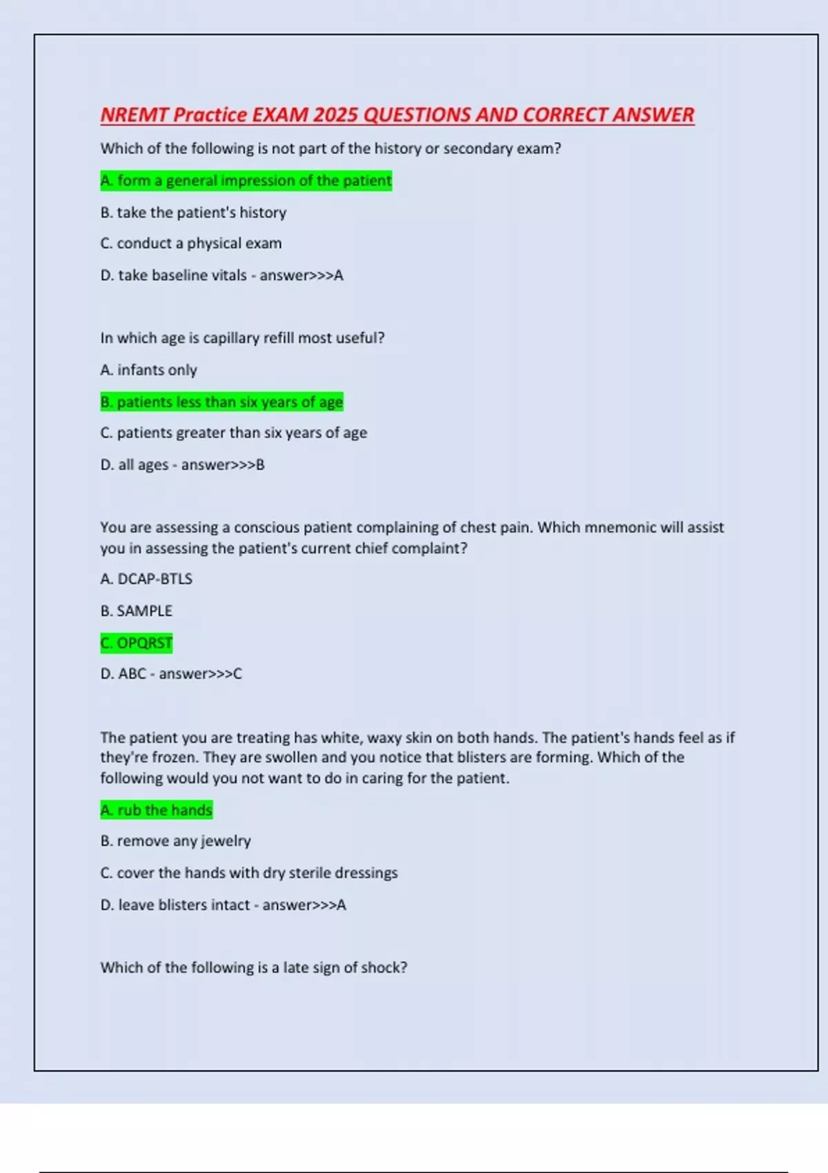 Nremt Practice Exam 2025 Questions And Correct Answer Nremt Practice Exa Stuvia Us