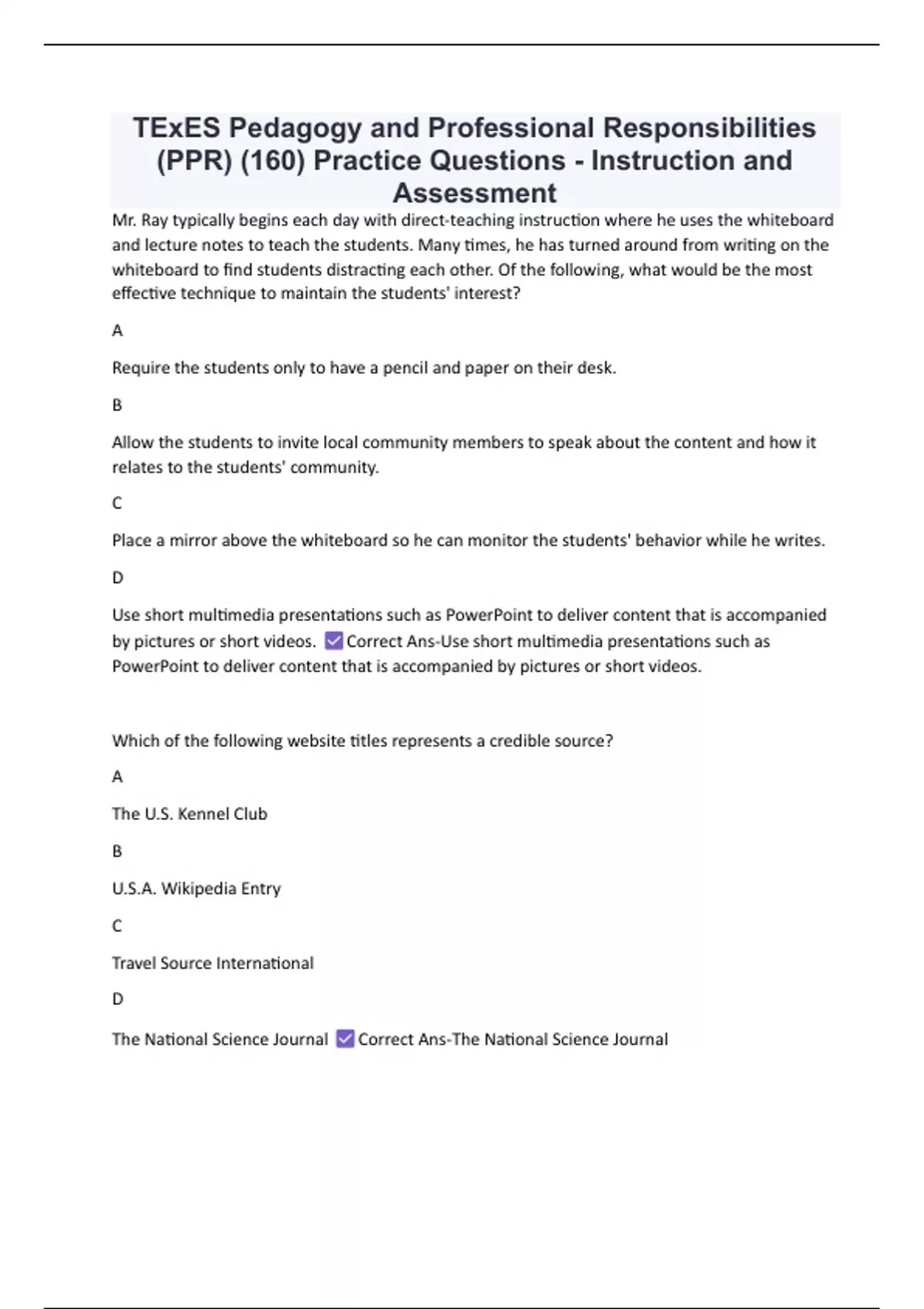 TExES Pedagogy and Professional Responsibilities (PPR) (160) Practice ...