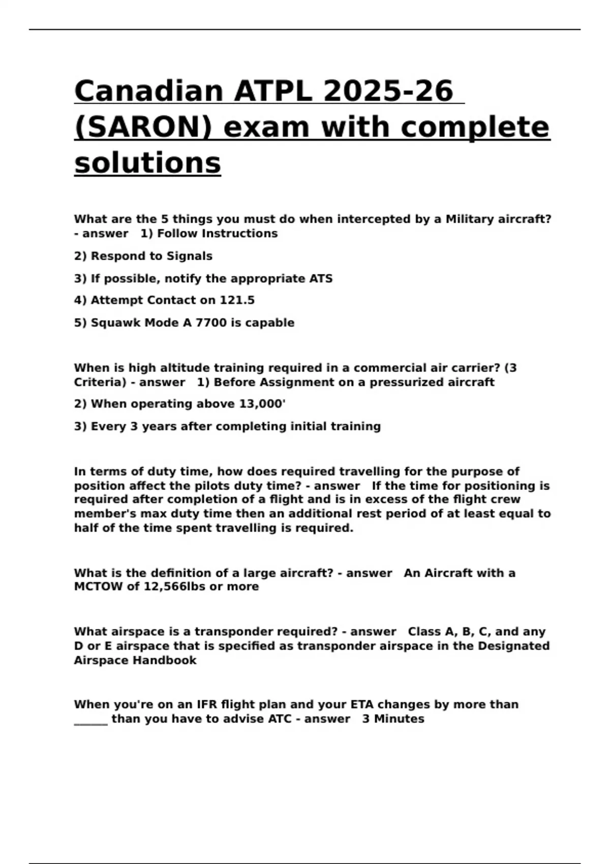 Canadian ATPL 2025-26 (SARON) exam with complete solutions - ATPL SARON ...