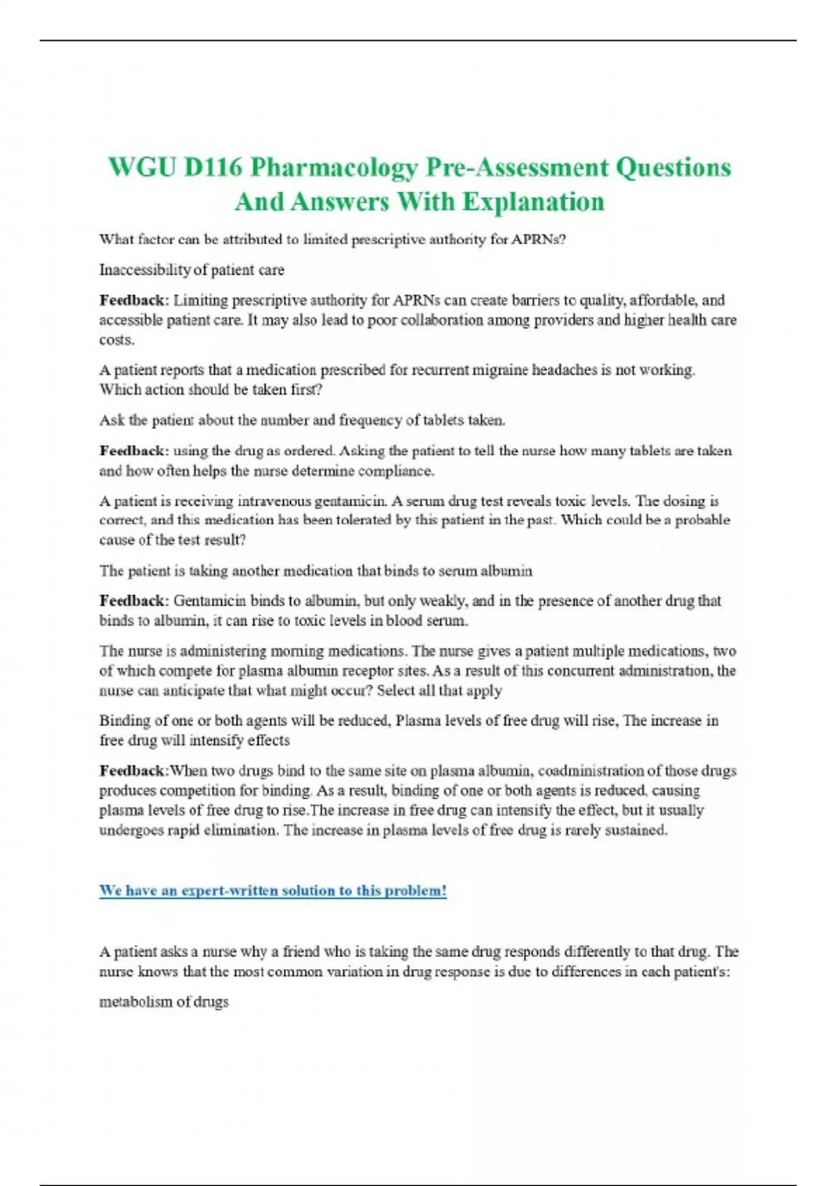 WGU D116 Pharmacology Pre-Assessment Questions And Answers With ...