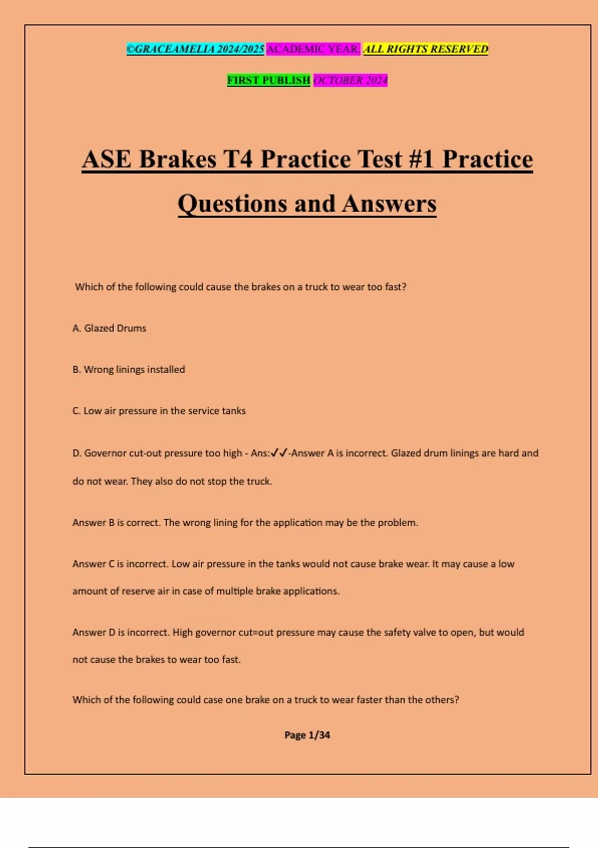 ASE Brakes T4 Practice Test #1 Practice Questions and Answers - ASE ...