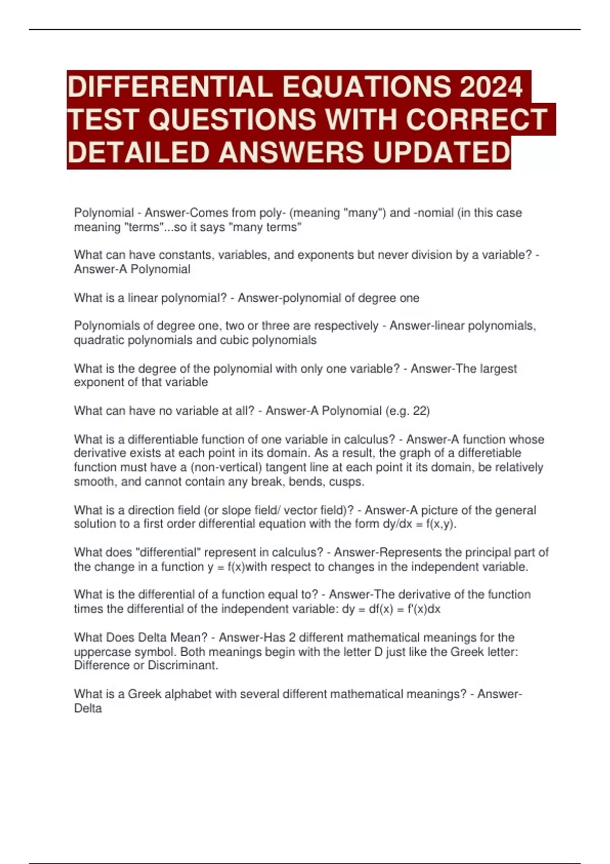 DIFFERENTIAL EQUATIONS 2024 TEST QUESTIONS WITH CORRECT DETAILED ...