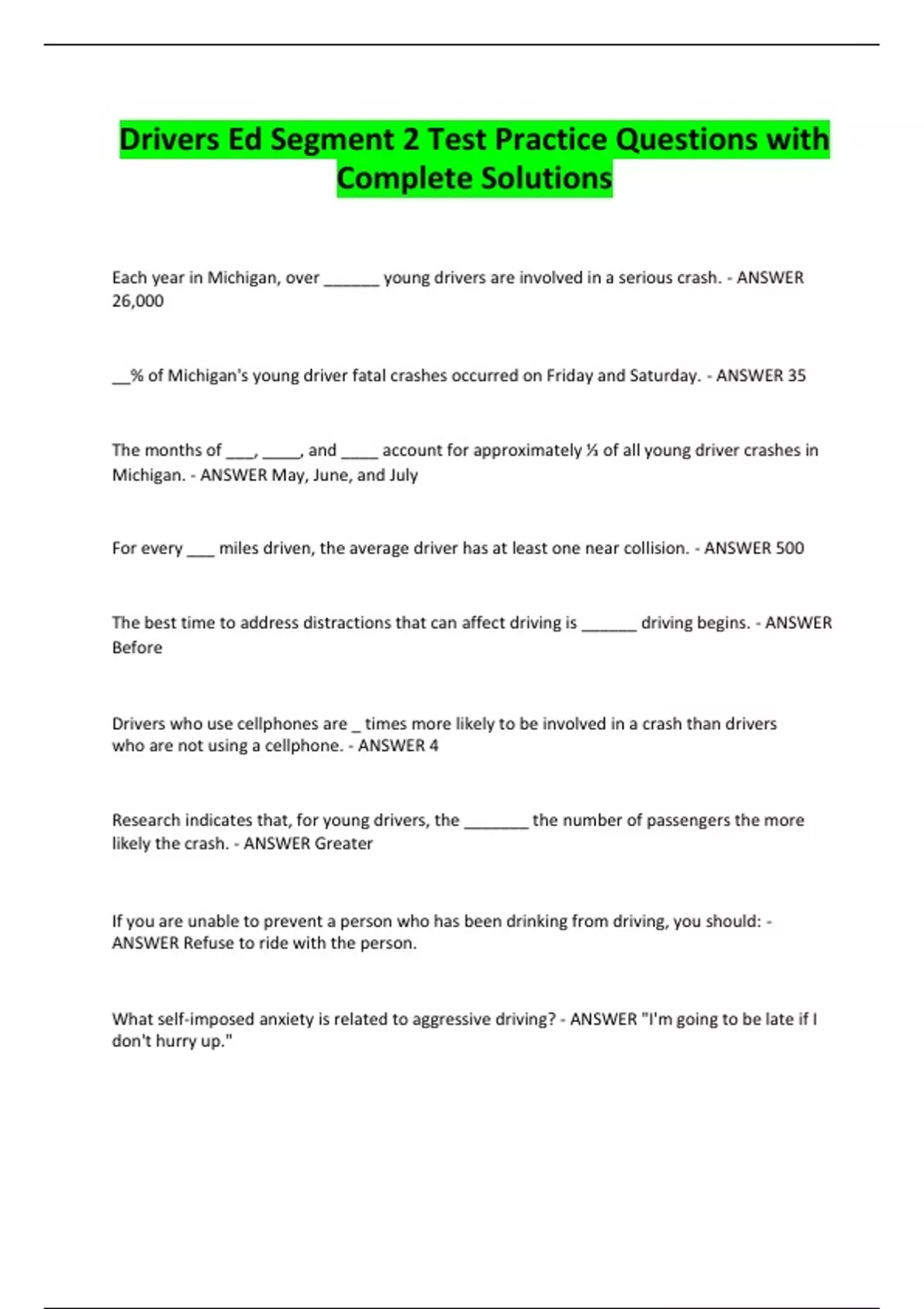 Drivers Ed Segment 2 Test Practice Questions with Complete Solutions ...