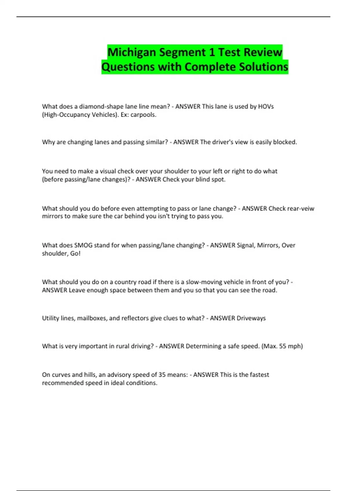 Michigan Segment 1 Test Review Questions with Complete Solution ...