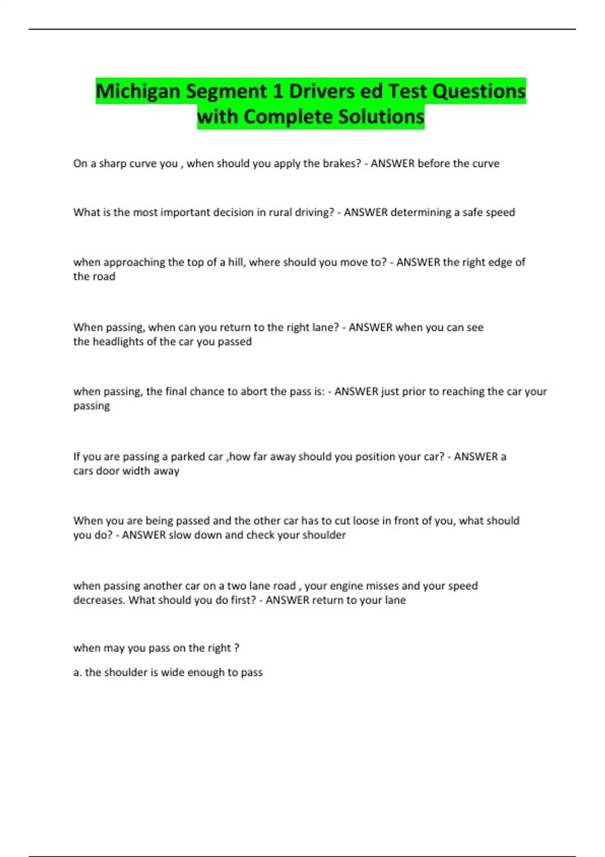 Michigan Segment 1 Drivers ed Test Questions with Complete Solutions ...