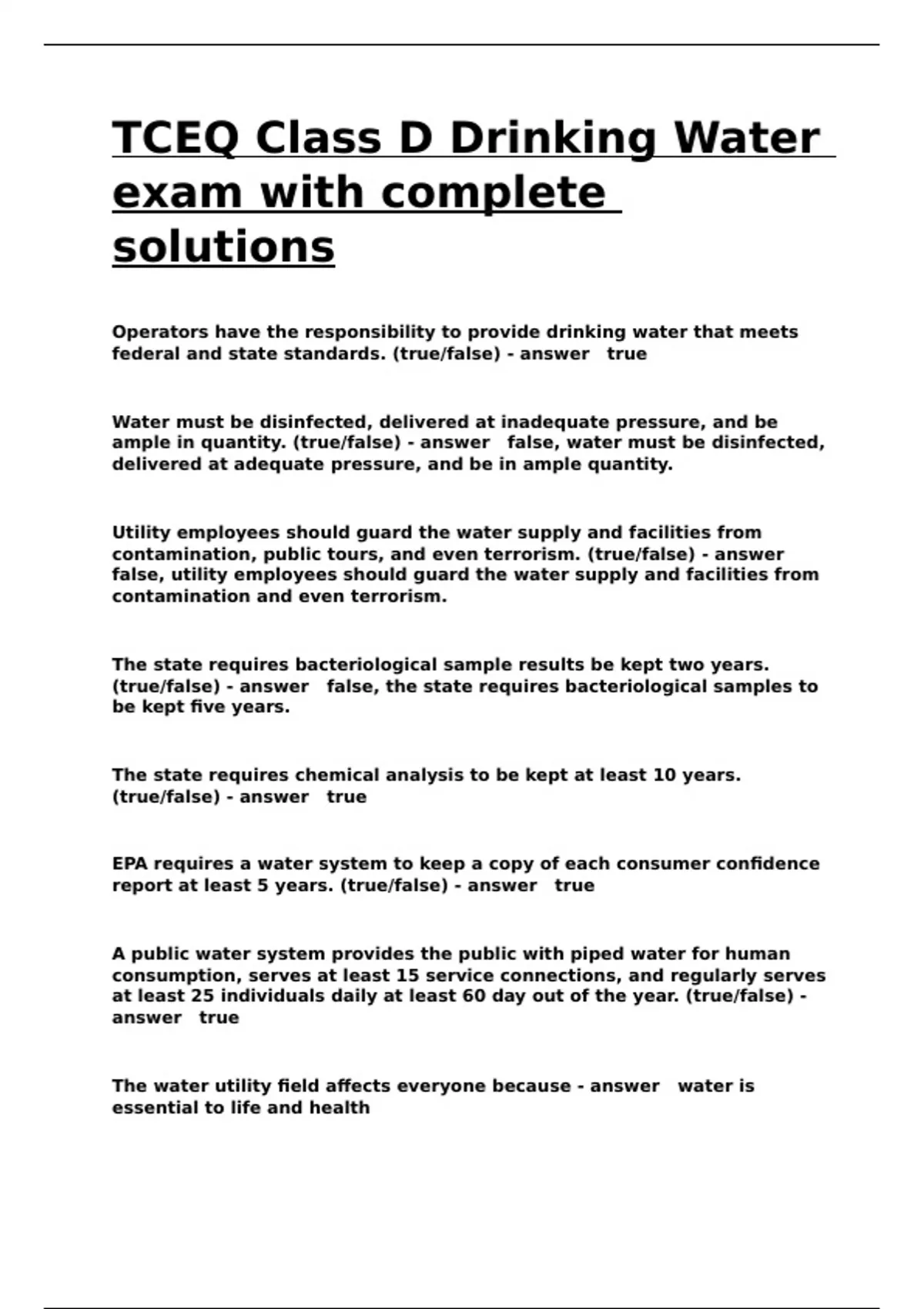 TCEQ Class D Drinking Water exam with complete solutions. - TCEQ ...