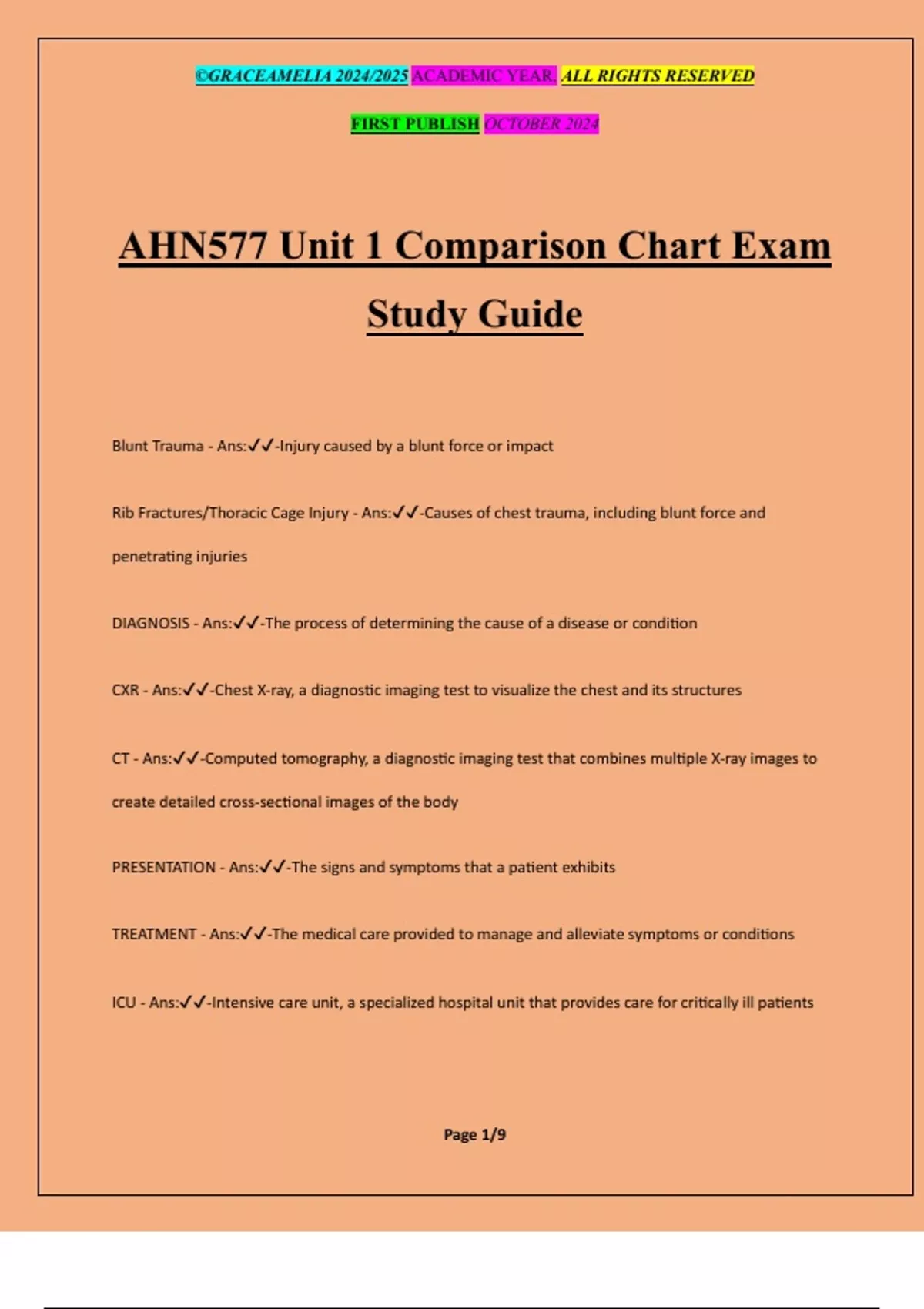AHN577 Unit 1 Comparison Chart Exam Study Guide - AHN - Stuvia US
