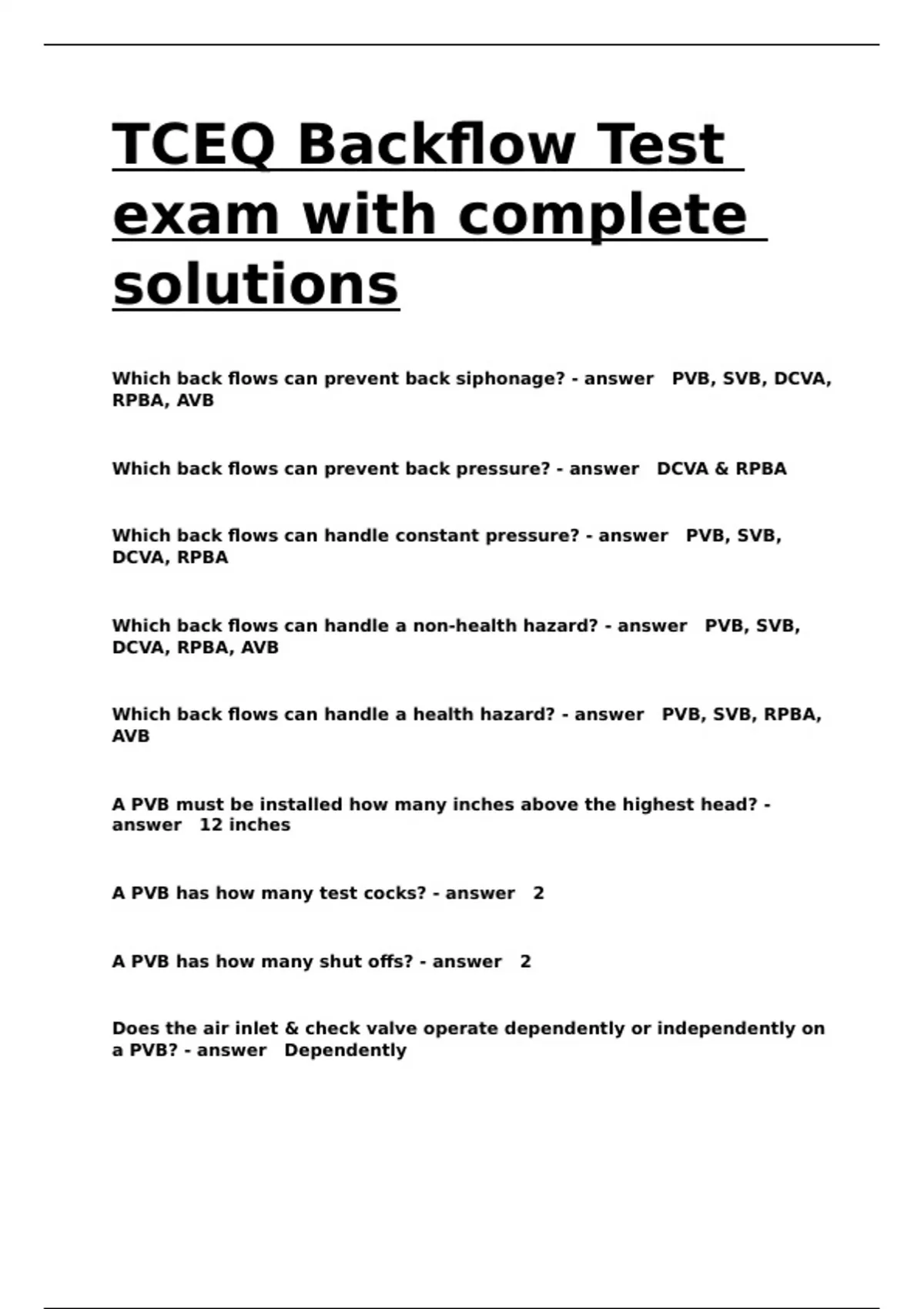 TCEQ Backflow Test exam with complete solutions - TCEQ - Stuvia US