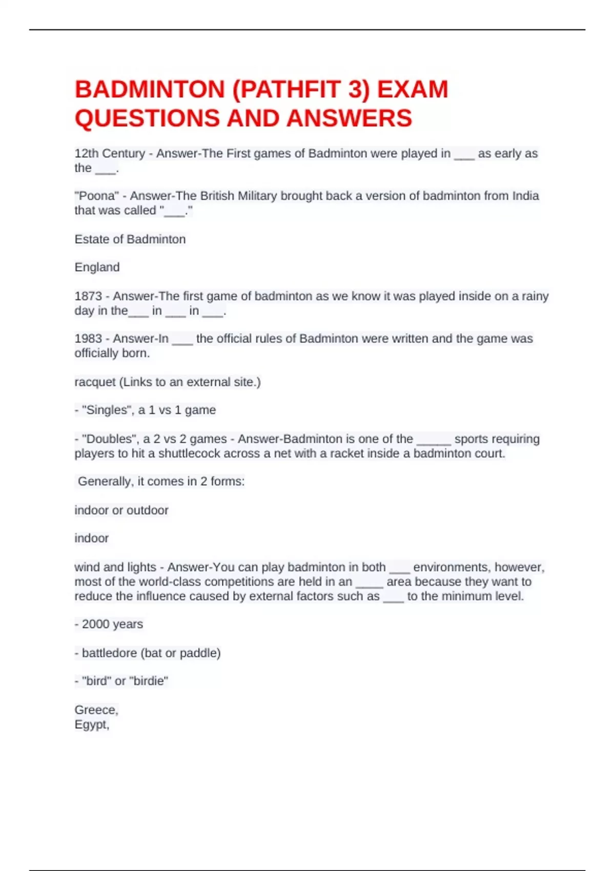 BADMINTON (PATHFIT 3) EXAM QUESTIONS AND ANSWERS - Badminton - Stuvia US