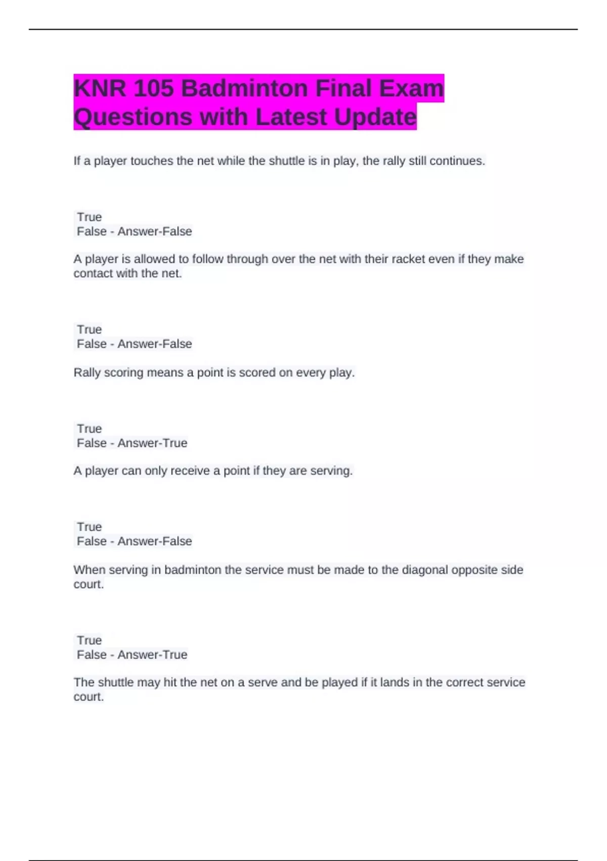 KNR 105 Badminton Final Exam Questions with Latest Update - Badminton ...