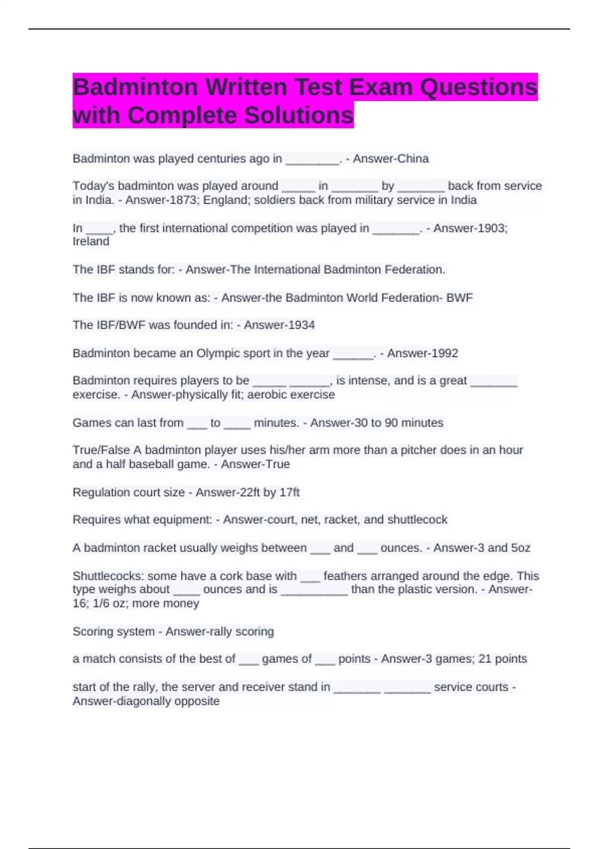 Badminton Written Test Exam Questions with Complete Solutions ...