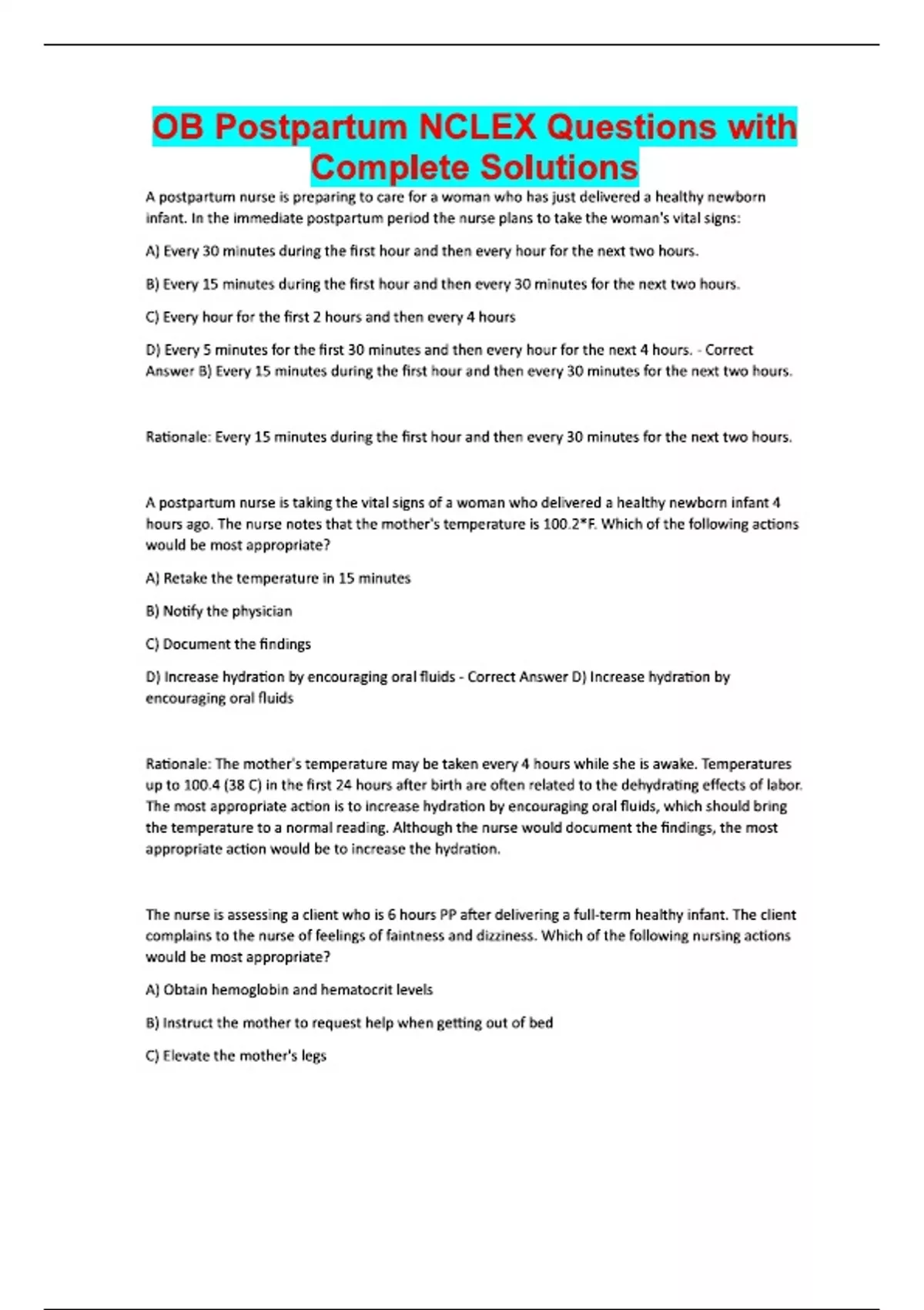 OB Postpartum NCLEX Questions with Complete Solutions - OB Postpartum ...