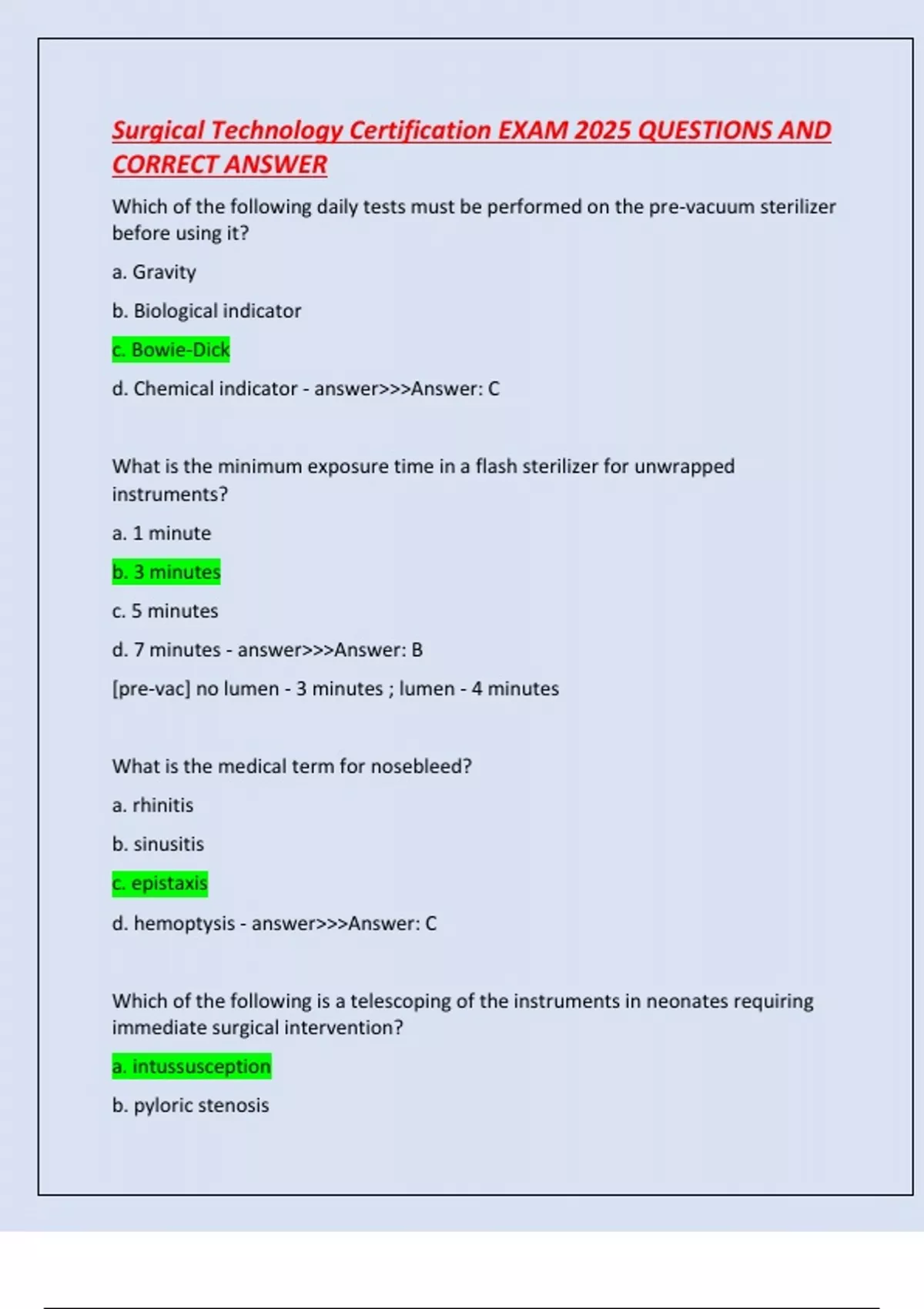 Surgical Technology Certification EXAM 2025 QUESTIONS AND CORRECT ANSWER - Surgical Technology ...