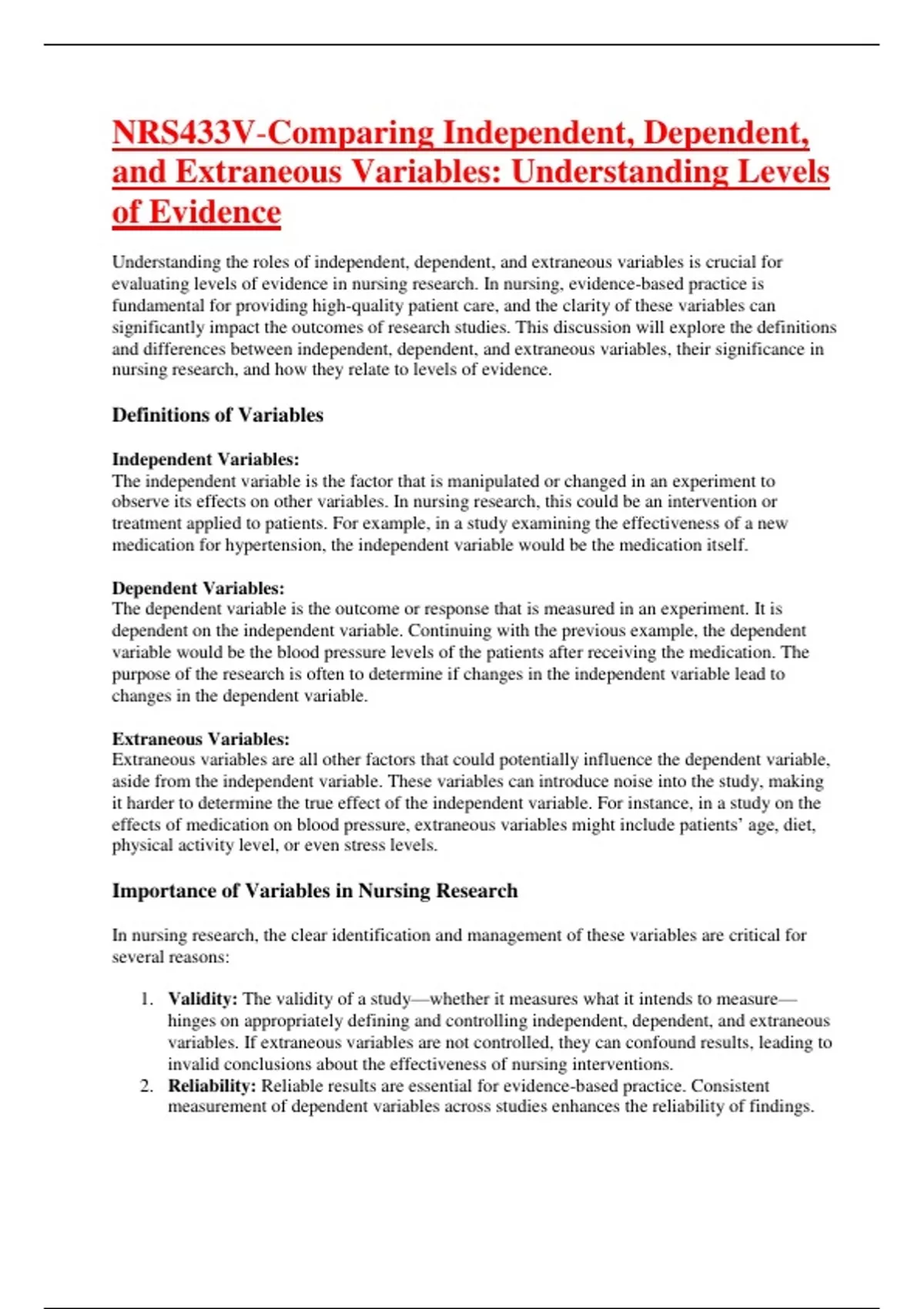 Summary NRS433V-Comparing Independent, Dependent, and Extraneous ...