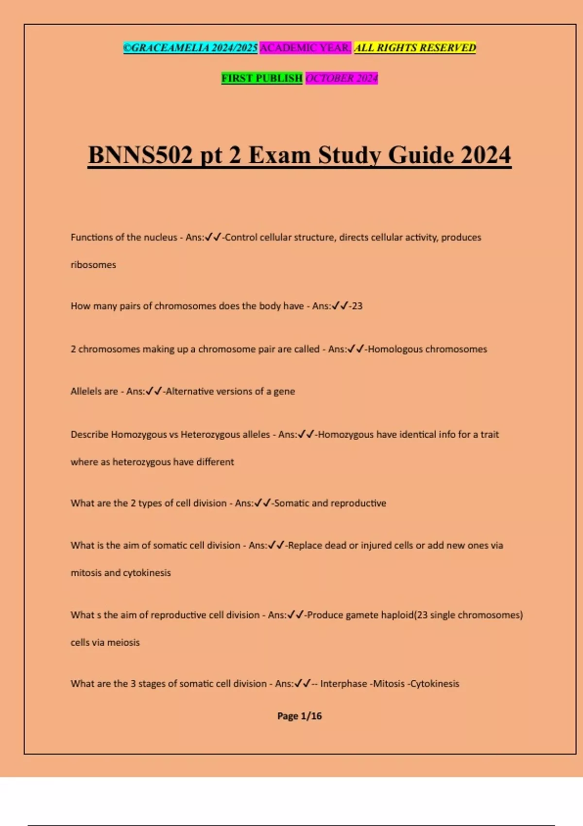 BNNS502 pt 2 Exam Study Guide 2024 - 2024/2025 - Stuvia US