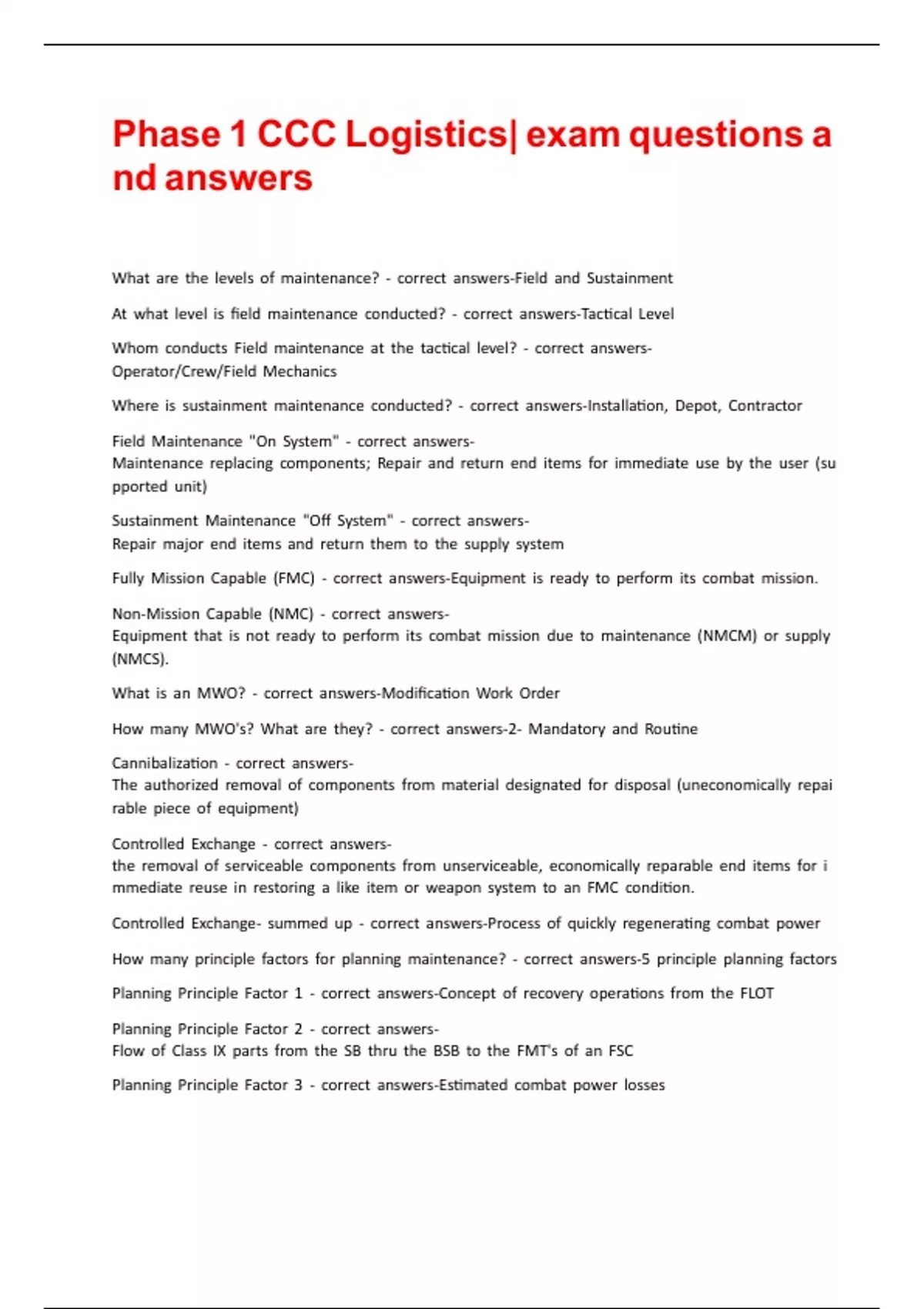 Phase 1 CCC Logistics| exam questions and answers - Phase 1 CCC ...