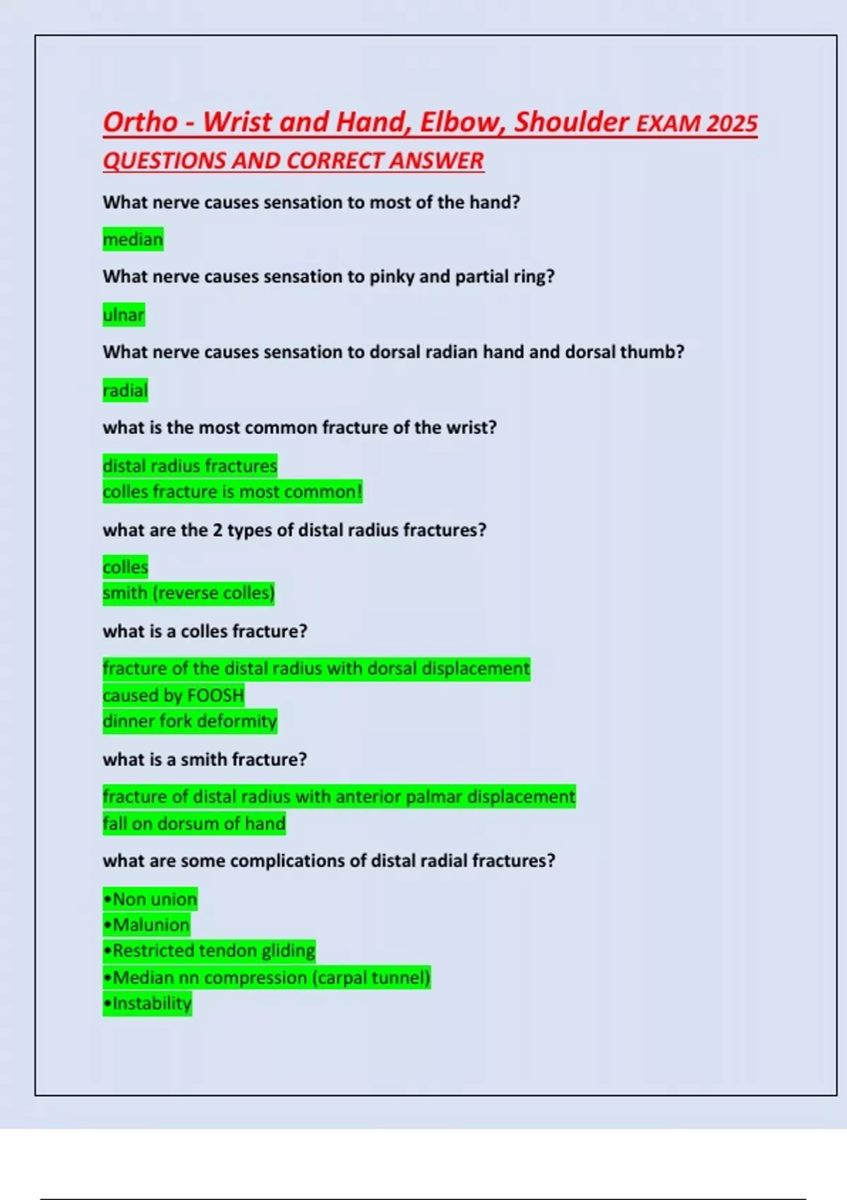 Ortho - Wrist and Hand, Elbow, Shoulder EXAM 2025 QUESTIONS AND CORRECT ANSWER - Ortho - Wrist ...