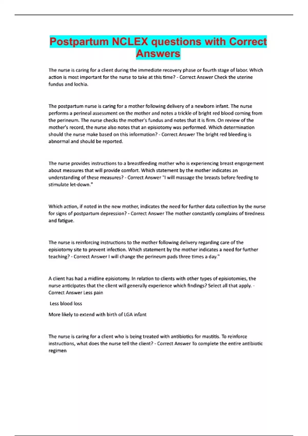 Postpartum NCLEX questions with Correct Answers - Postpartum - Stuvia US