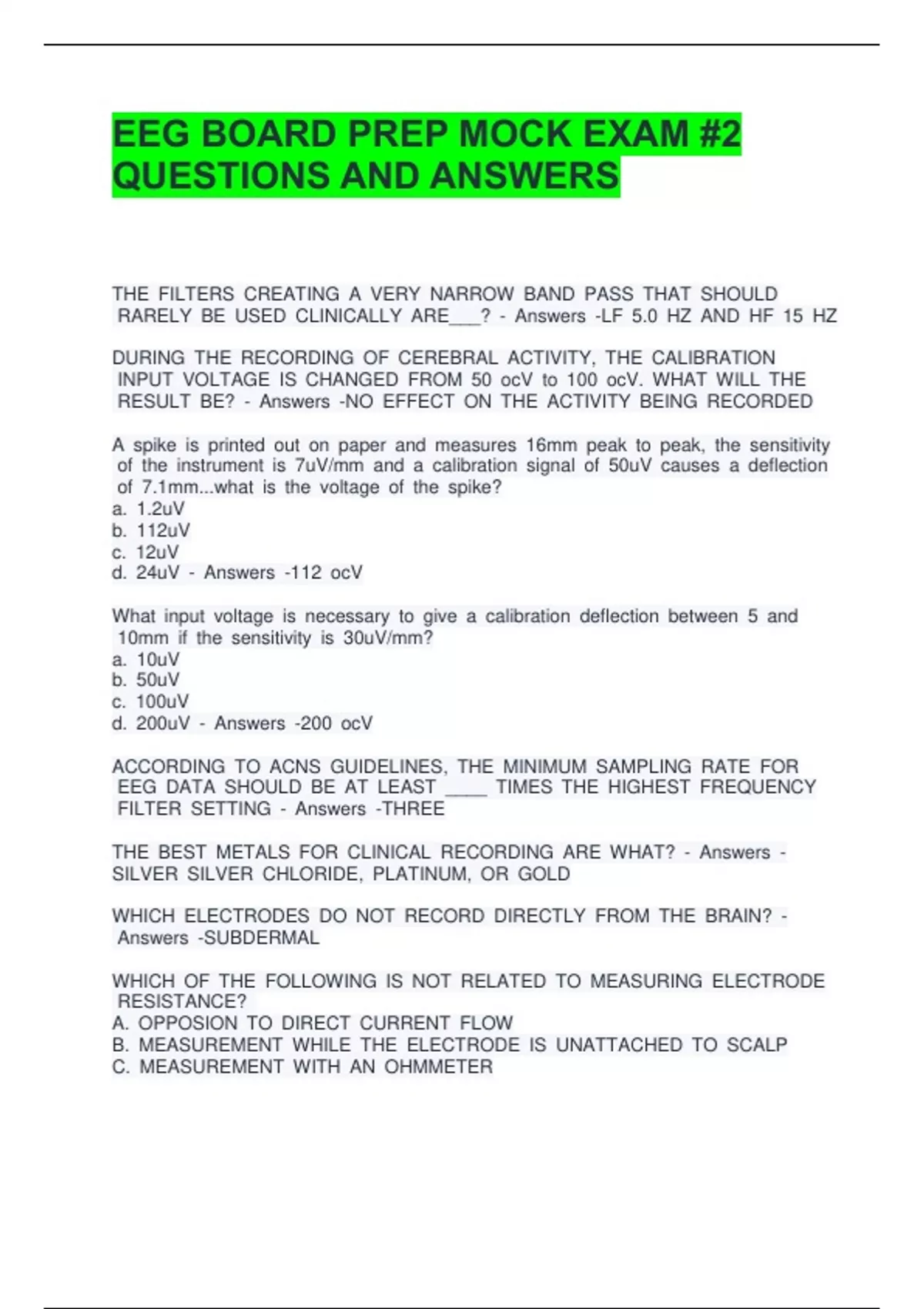 EEG BOARD PREP MOCK EXAM -2 QUESTIONS AND ANSWERS ...
