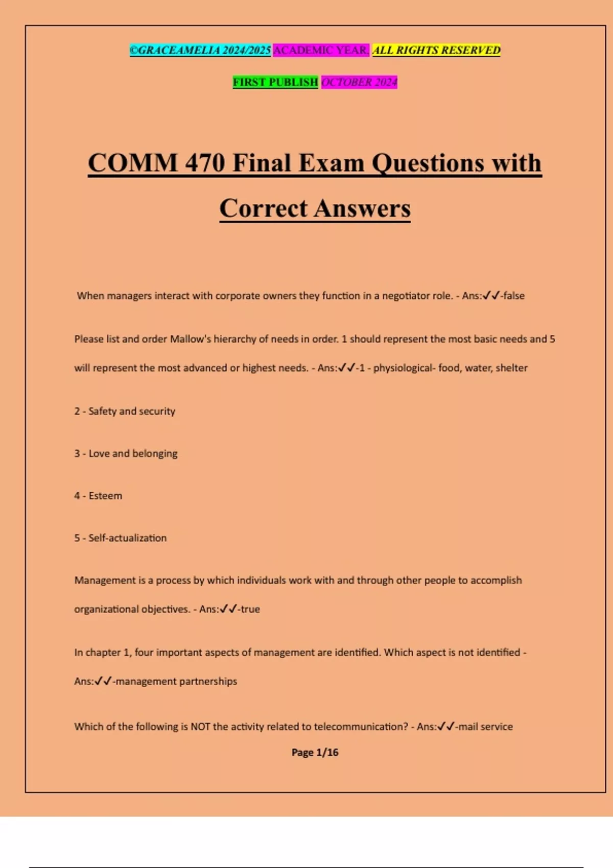 COMM 470 Final Exam Questions with Correct Answers - 2024/2025 - Stuvia US