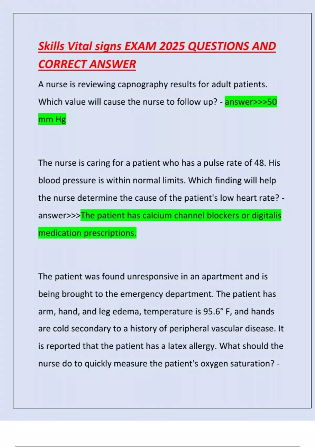 Skills Vital signs EXAM 2025 QUESTIONS AND CORRECT ANSWER - Skills ...