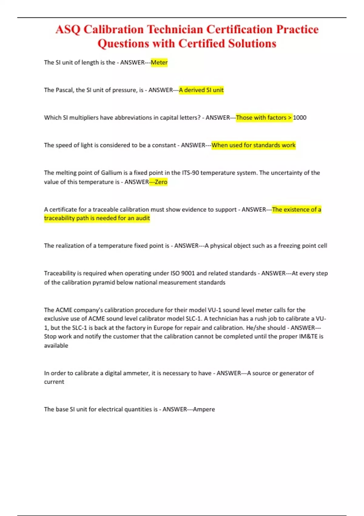 ASQ Calibration Technician Certification Practice Questions with ...