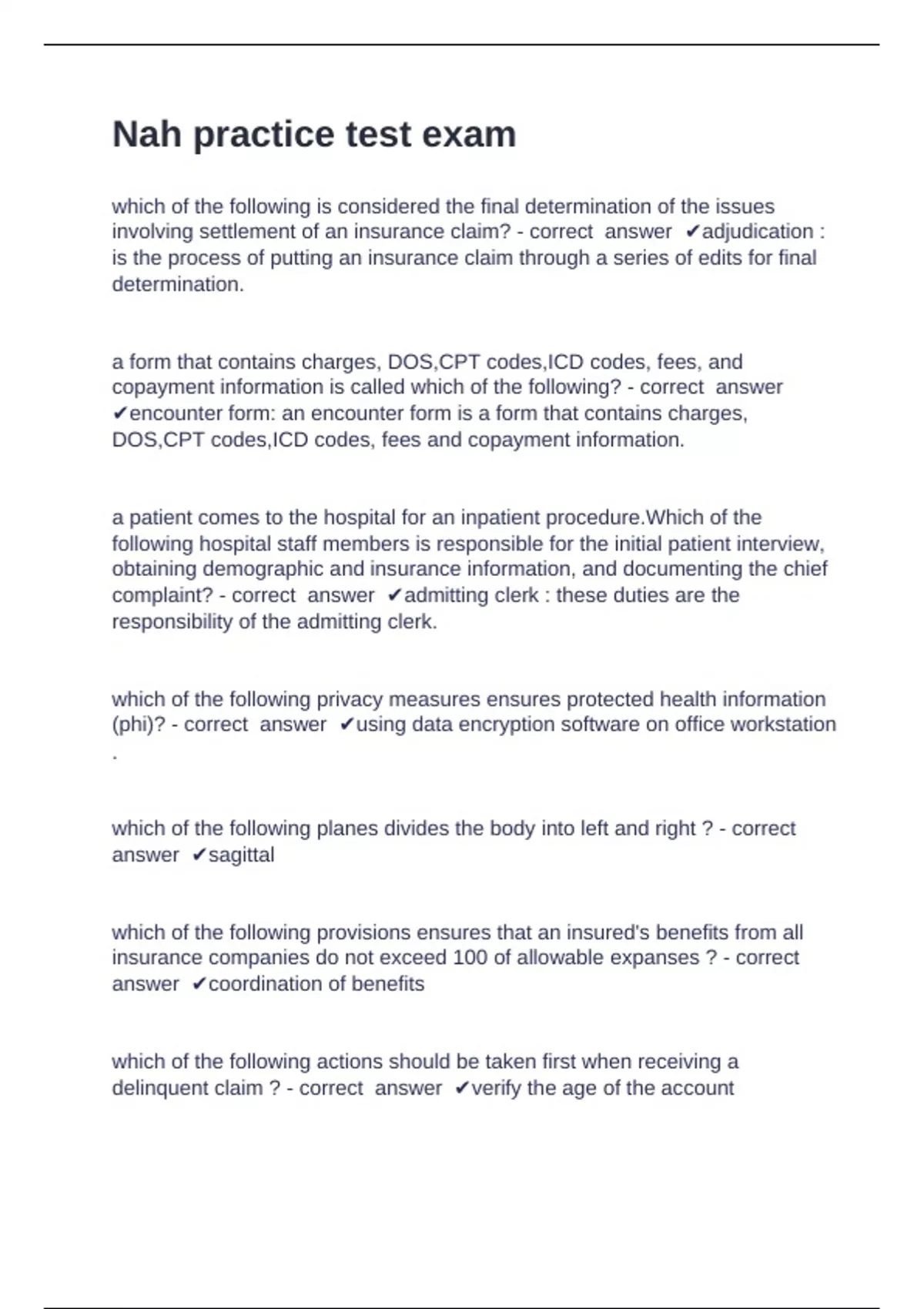 Nah practice test exam questions and answers certified 2024 - Medical ...