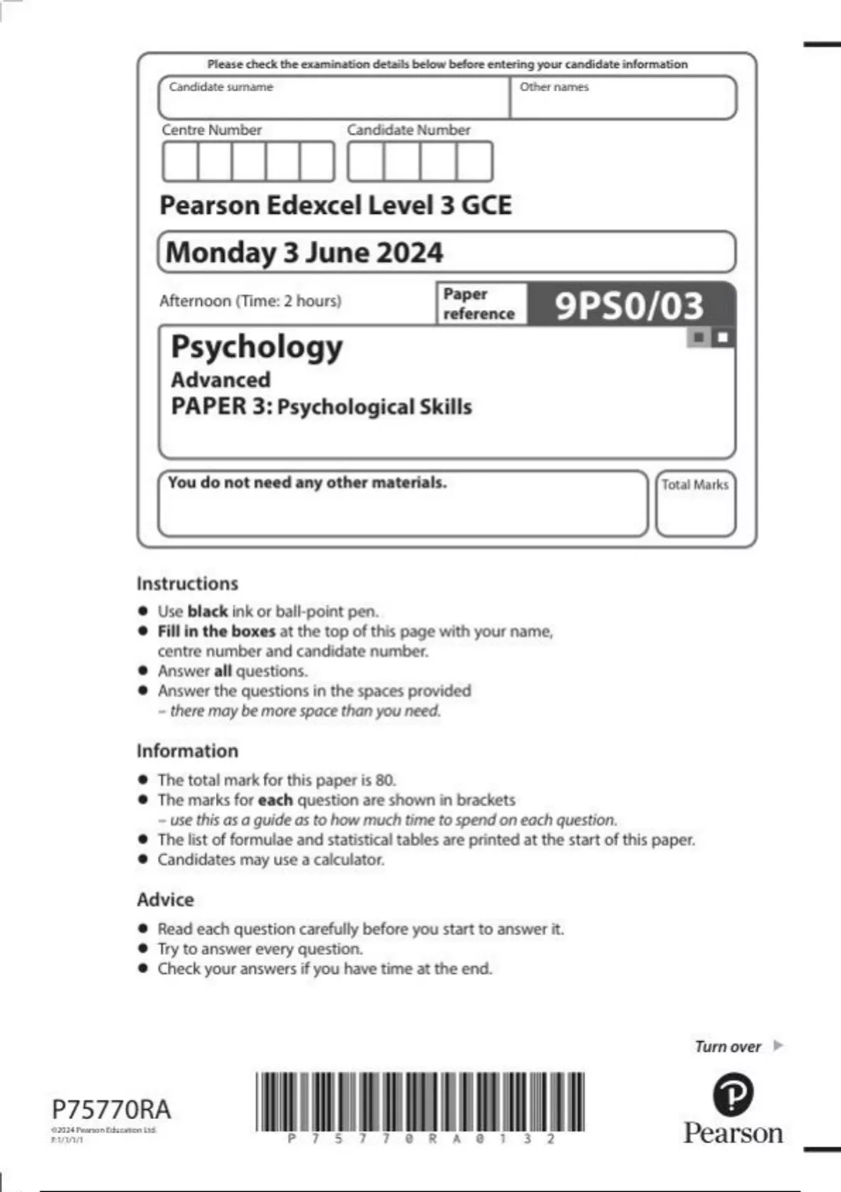 Pearson Edexcel Level 3 GCE 9PS0/03 Psychology Advanced PAPER 3 ...