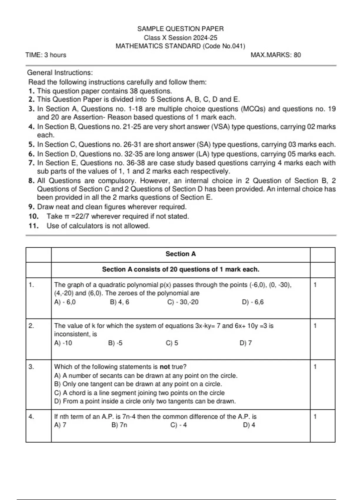 CBSE SAMPLE QUESTION PAPER (2024-25) OFFICIAL - Mathematics - Stuvia US