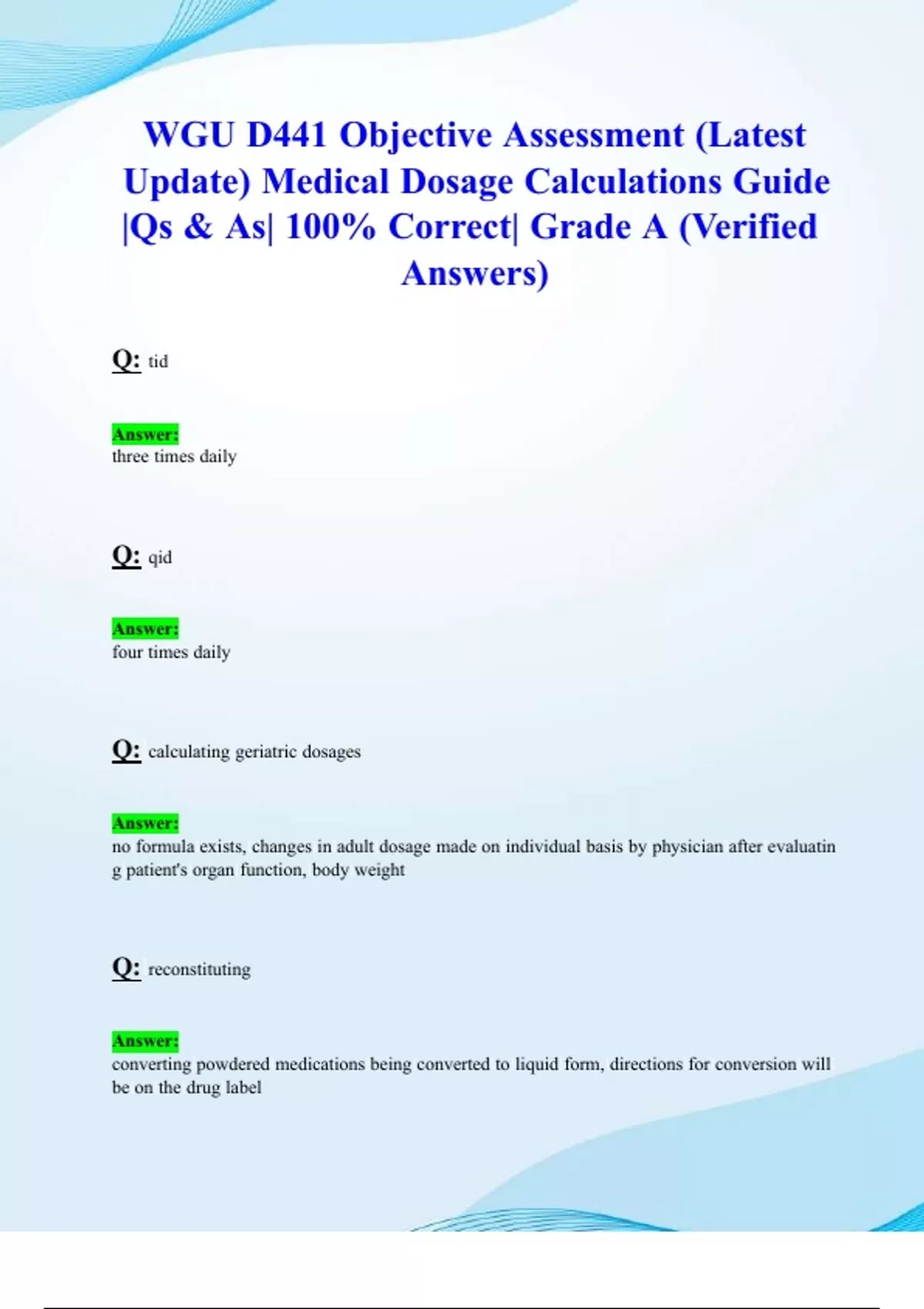 WGU D441 Objective Assessment (Latest 2024/ 2025 Update) Medical Dosage ...