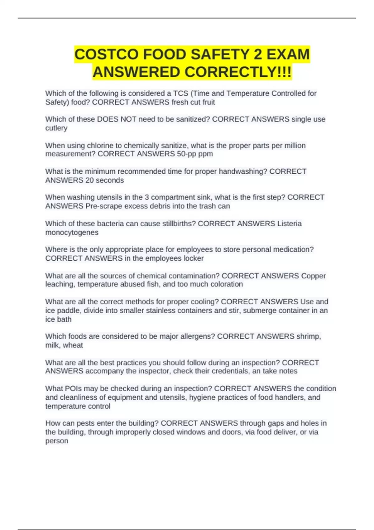 COSTCO FOOD SAFETY 2 EXAM ANSWERED CORRECTLY!!! - Costco food safety ...