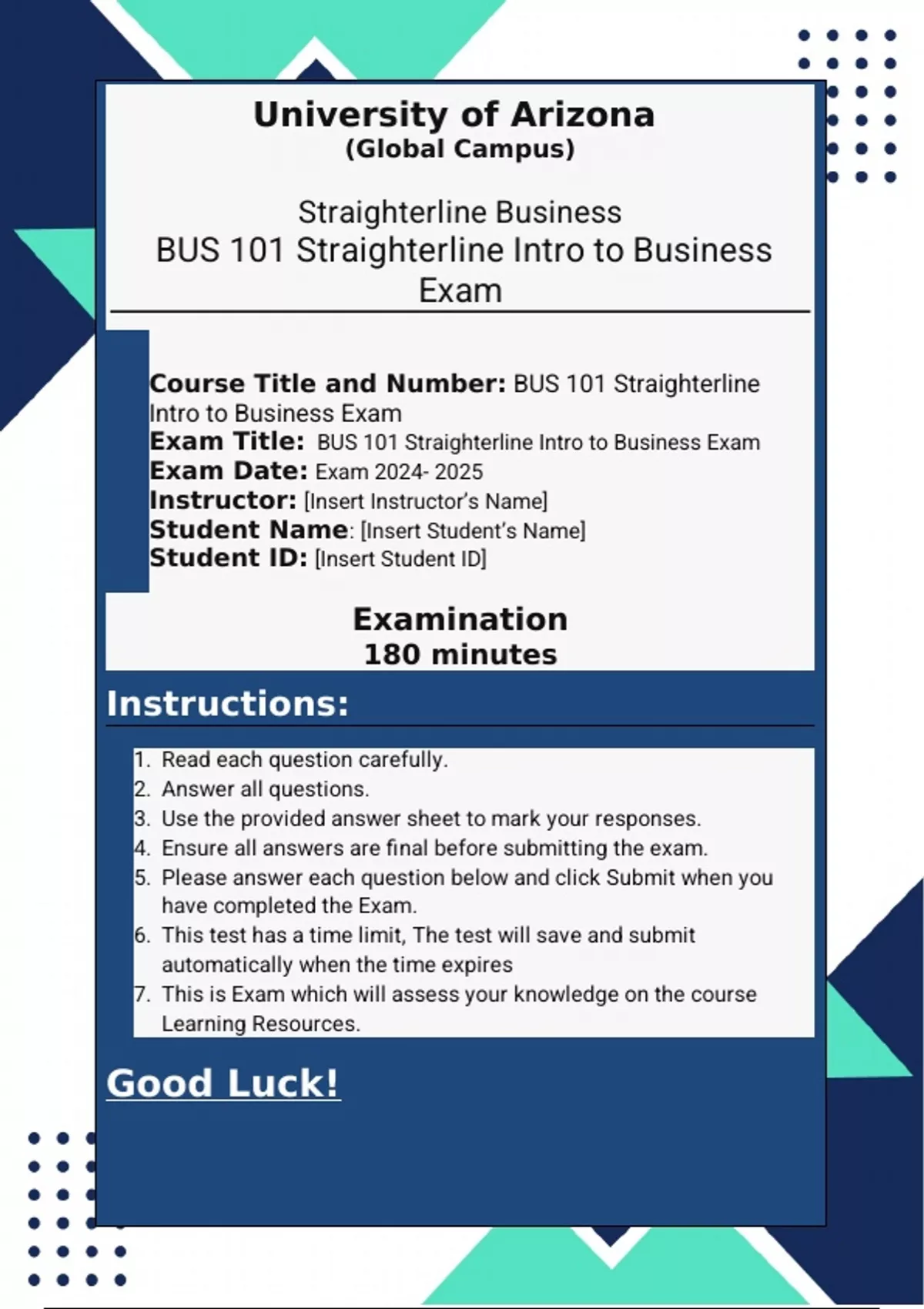 Straighterline Business BUS 101 Straighterline Intro to Business: Business Procedures FBLA Exam ...