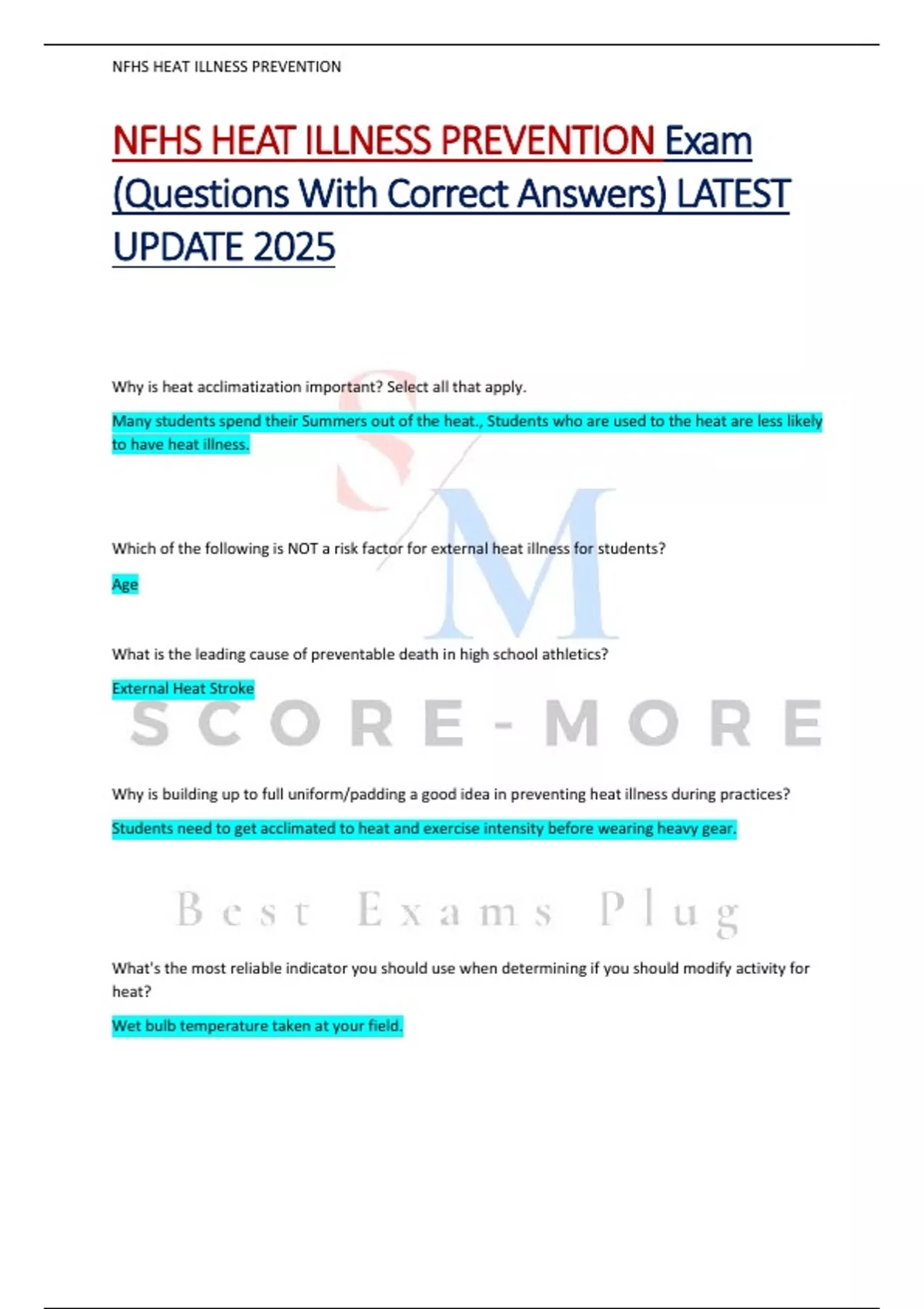 NFHS HEAT ILLNESS PREVENTION Exam (Questions With Correct Answers ...