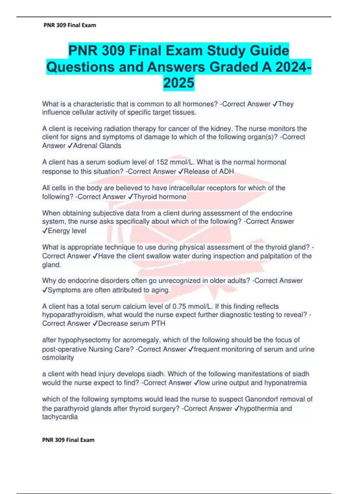 PNR 309 Final Exam Study Guide Questions and Answers Graded A - PNR 309 - Stuvia US