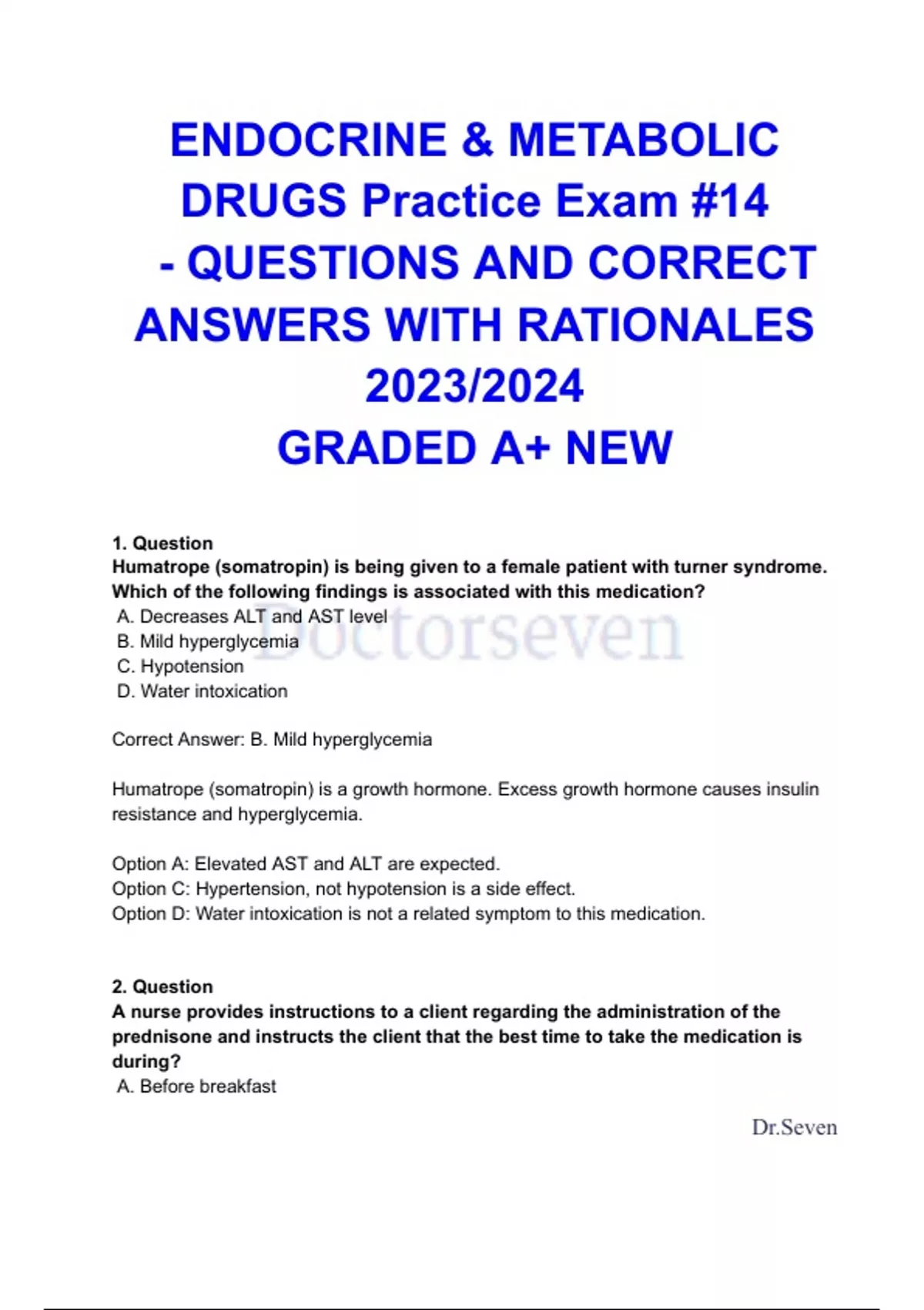 ATI RN ENDOCRINE &METABOLIC DRUGS Practice Exam #14- QUESTIONS AND ...