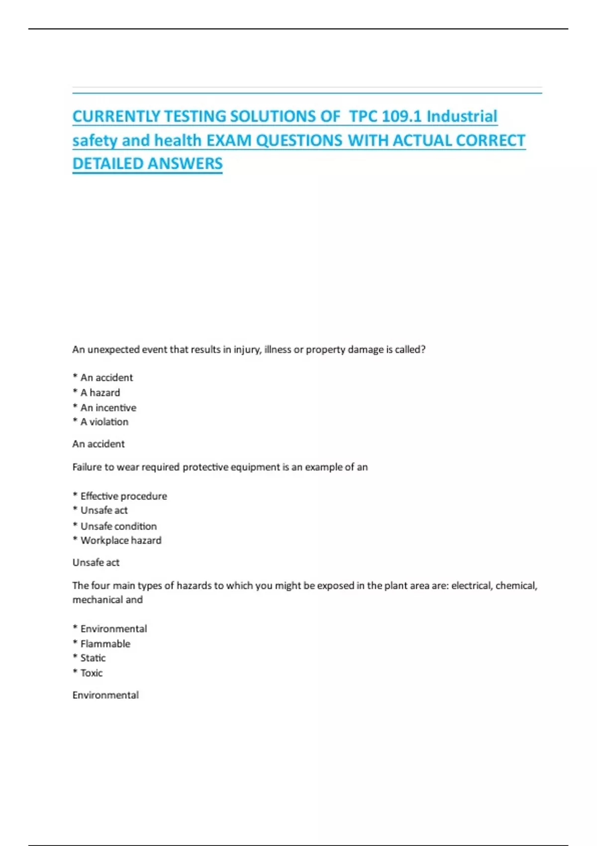 CURRENTLY TESTING SOLUTIONS OF TPC 109.1 Industrial safety and health ...