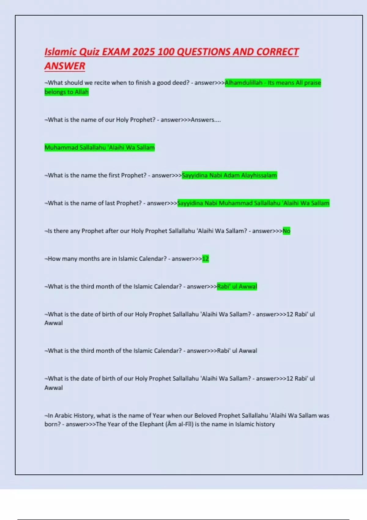 Islamic Quiz EXAM 2025 100 QUESTIONS AND CORRECT ANSWER - Islamic Qui ...