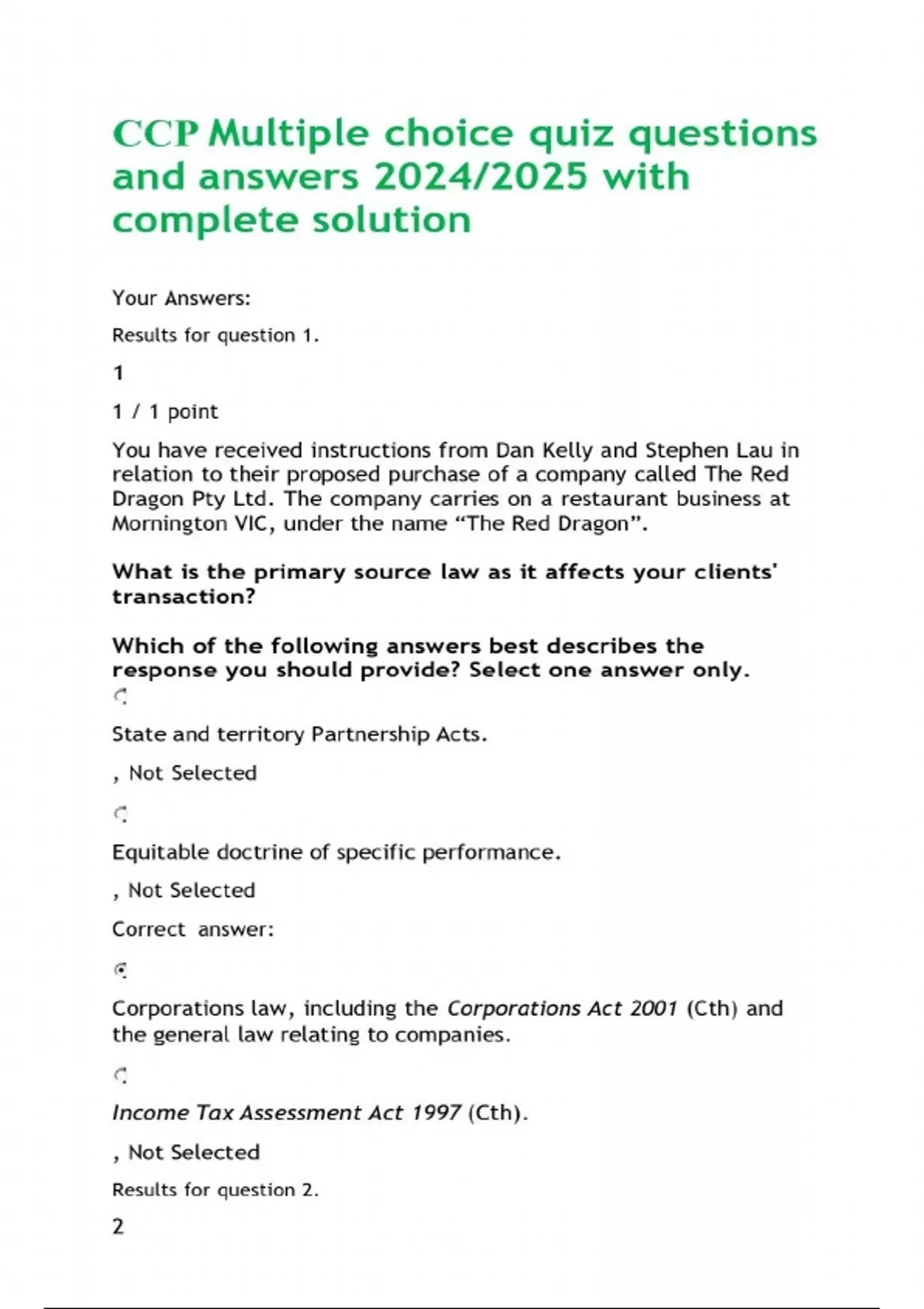 CCP Multiple choice quiz questions and answers 2024/2025 with complete solution - CCP - Stuvia US