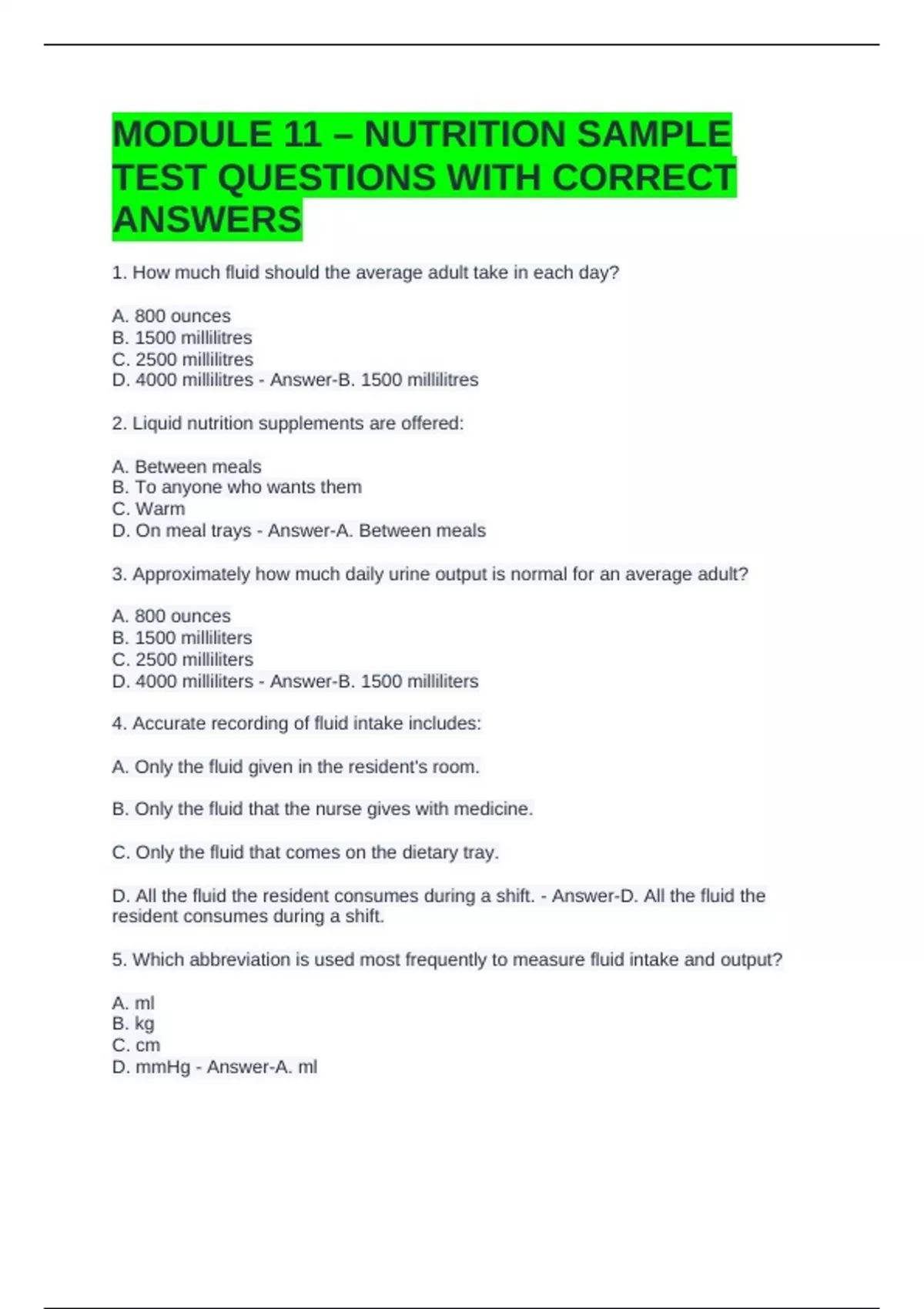 MODULE 11 – NUTRITION SAMPLE TEST QUESTIONS WITH CORRECT ANSWERS - Uch ...