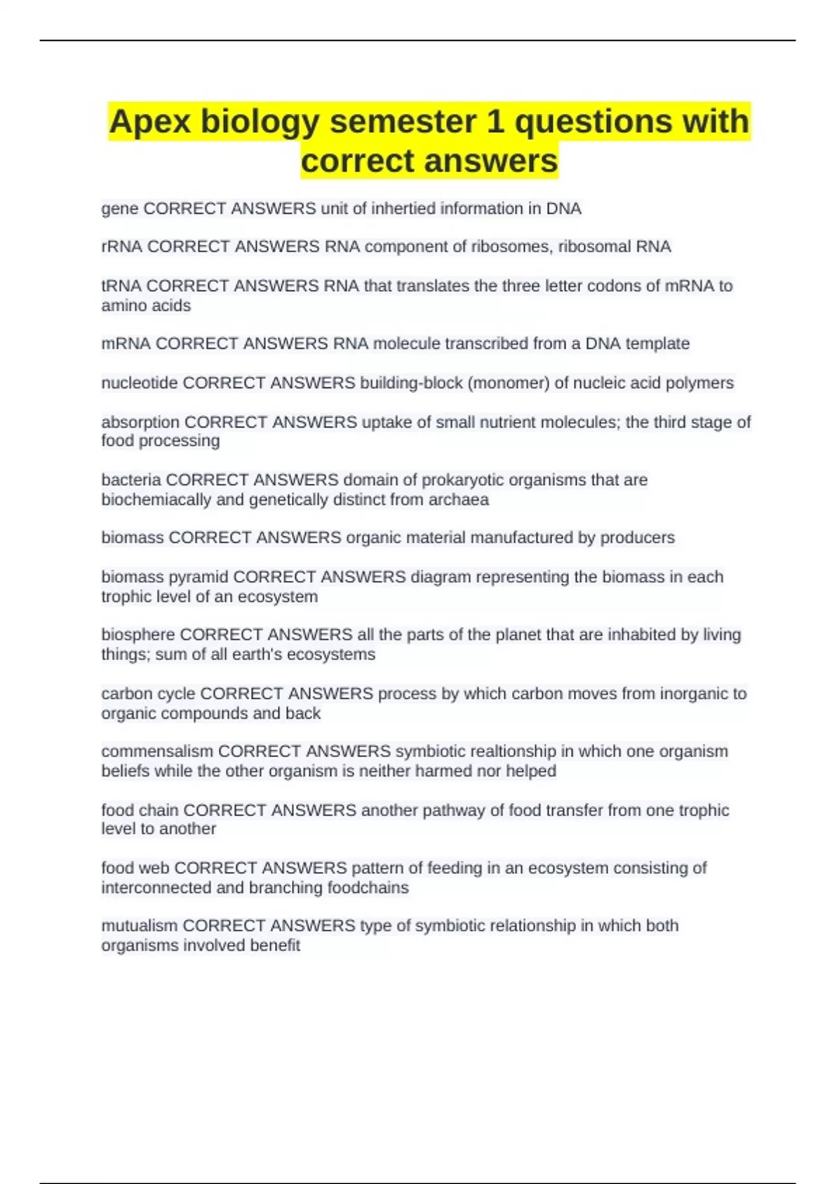 Apex biology semester 1 questions with correct answers - Apex Biology - Stuvia US