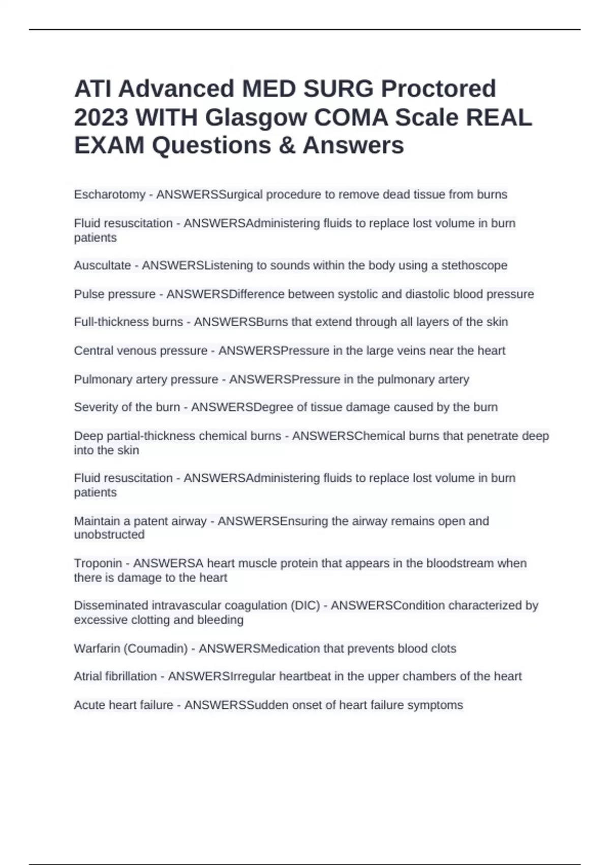 ATI Advanced MED SURG Proctored 2023 WITH Glasgow COMA Scale REAL EXAM ...