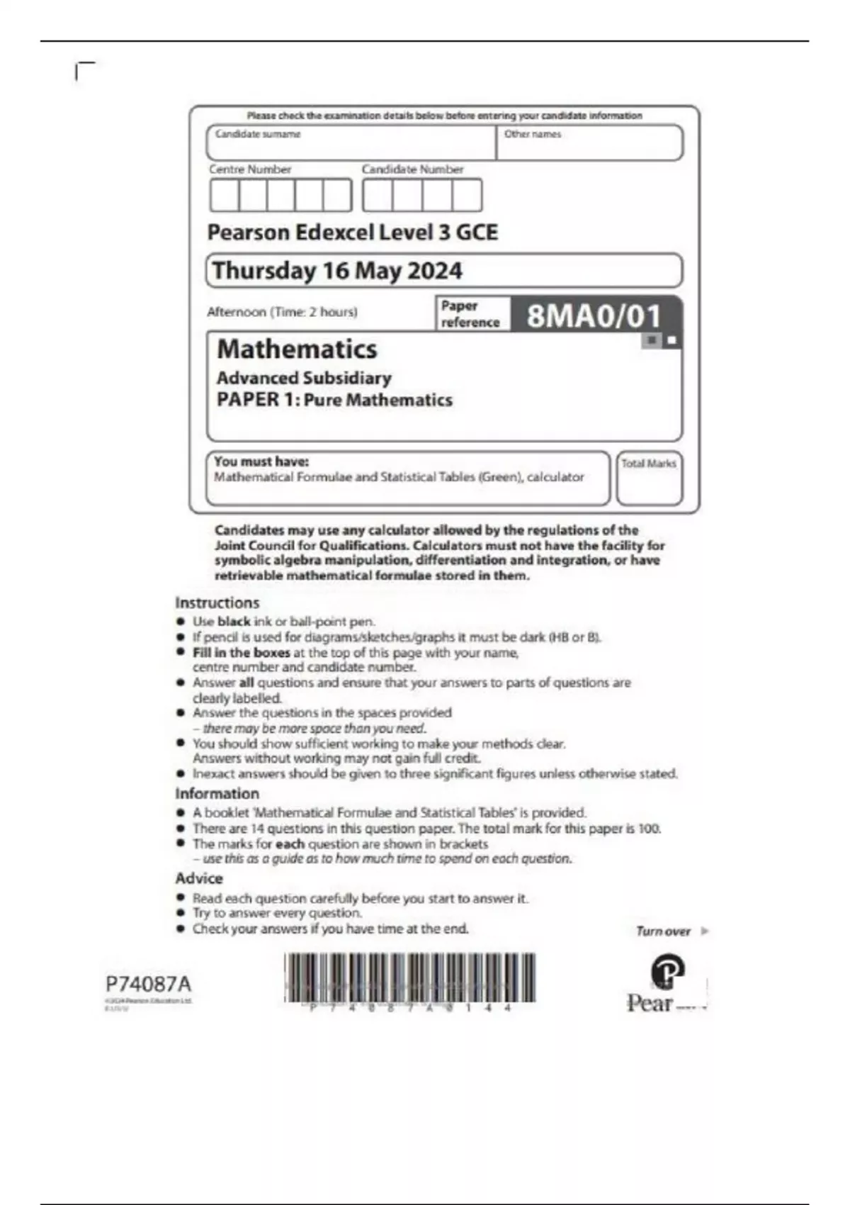 EDEXCEL AS LEVEL MATHEMATICS PAPER 1 2024 - Unit C1 - Core Mathematics ...
