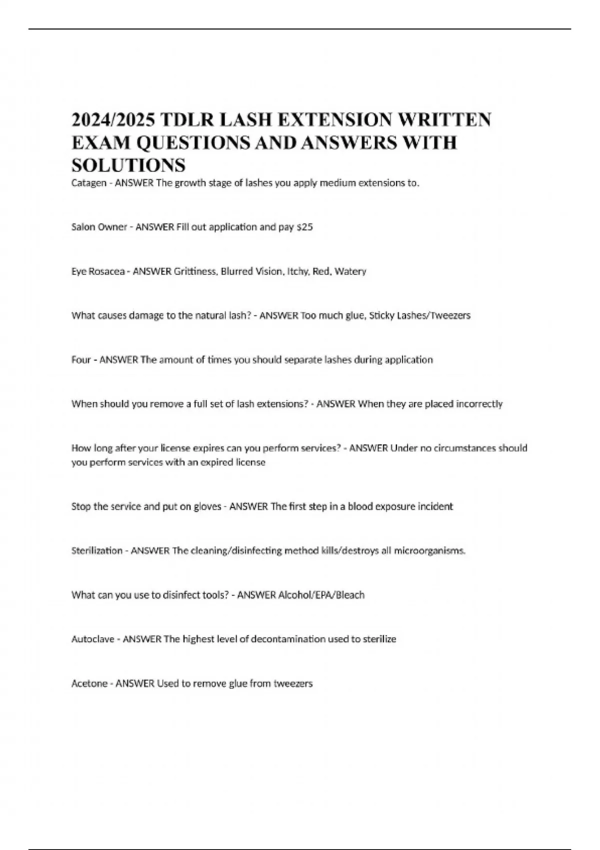 2024/2025 TDLR LASH EXTENSION WRITTEN EXAM QUESTIONS AND ANSWERS WITH ...
