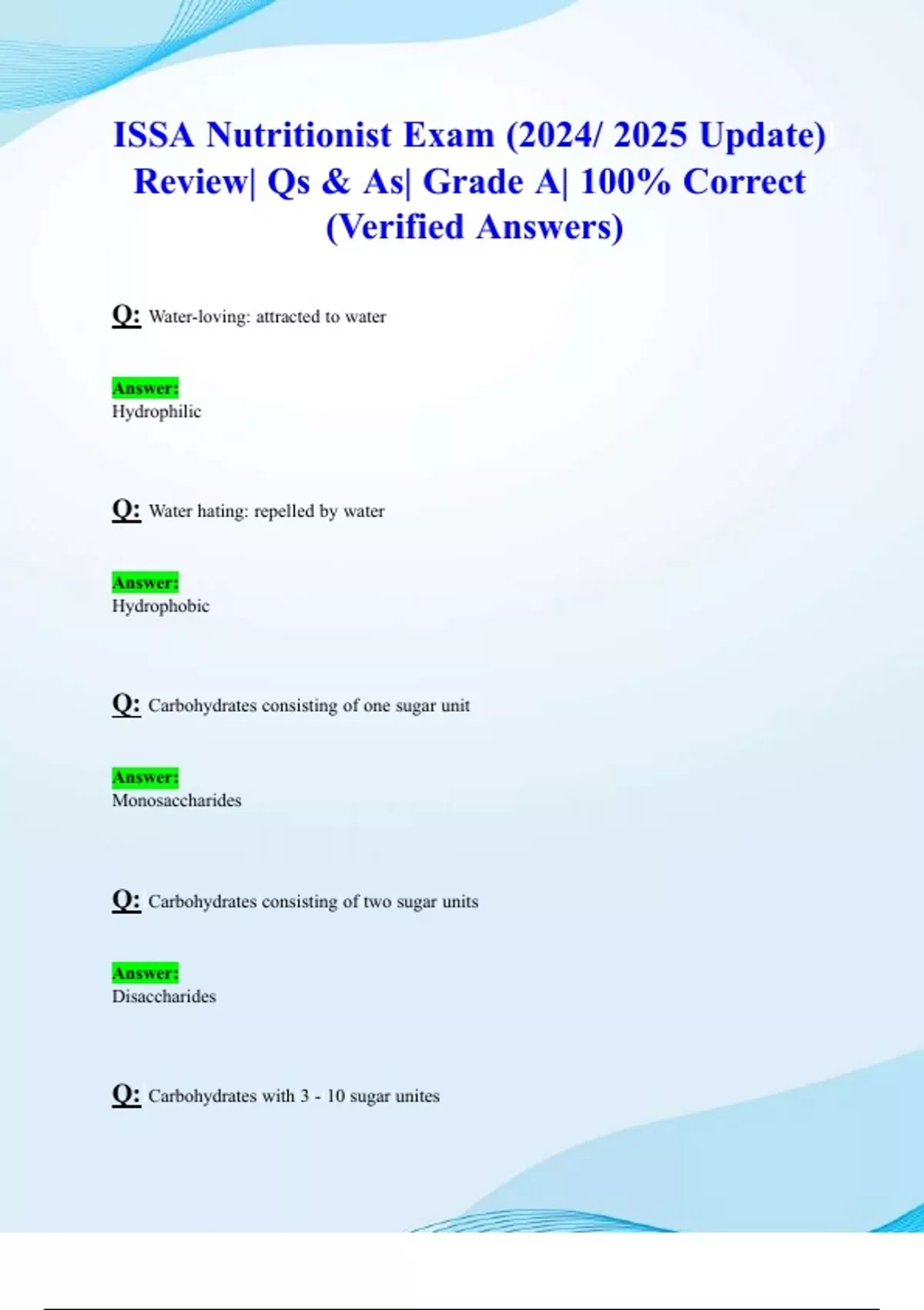 ISSA Nutritionist Exam (2024/ 2025 Update) Review| Qs & As| Grade A| 100% Correct (Verified ...