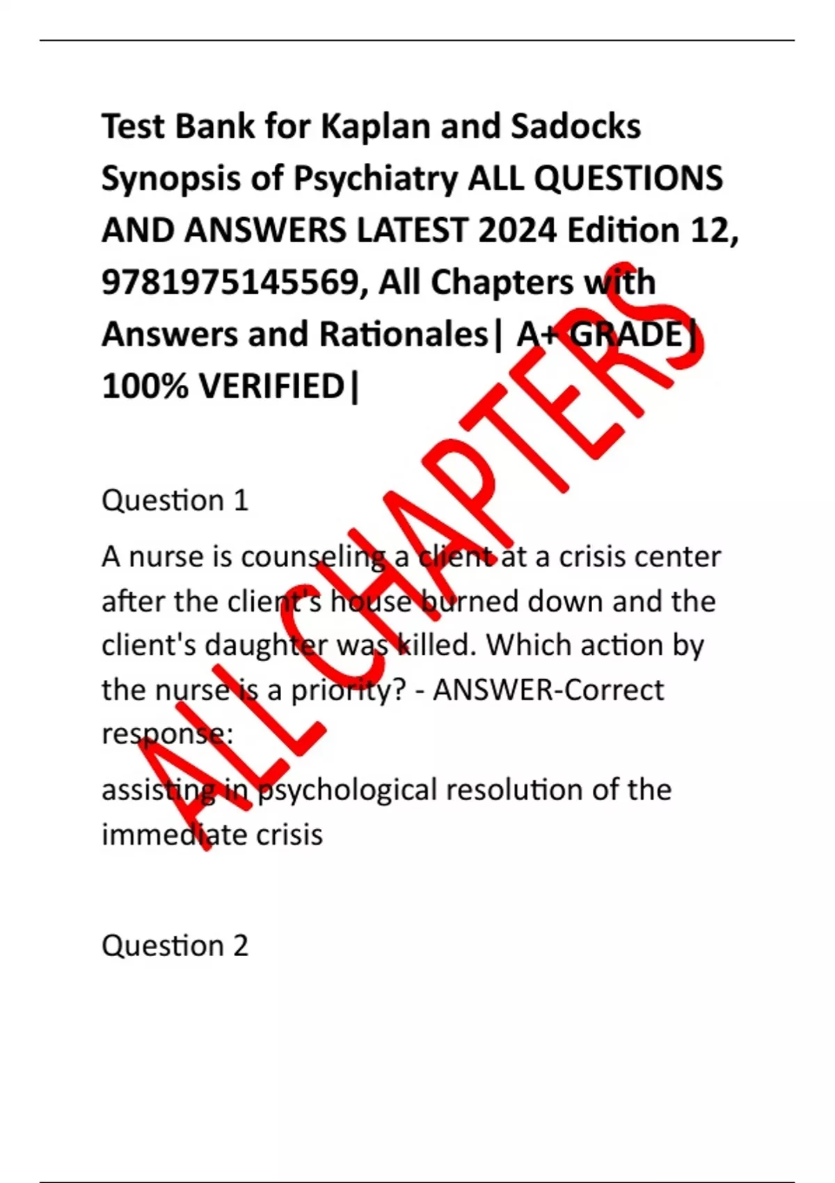 Test Bank for Kaplan and Sadocks Synopsis of Psychiatry ALL QUESTIONS ...