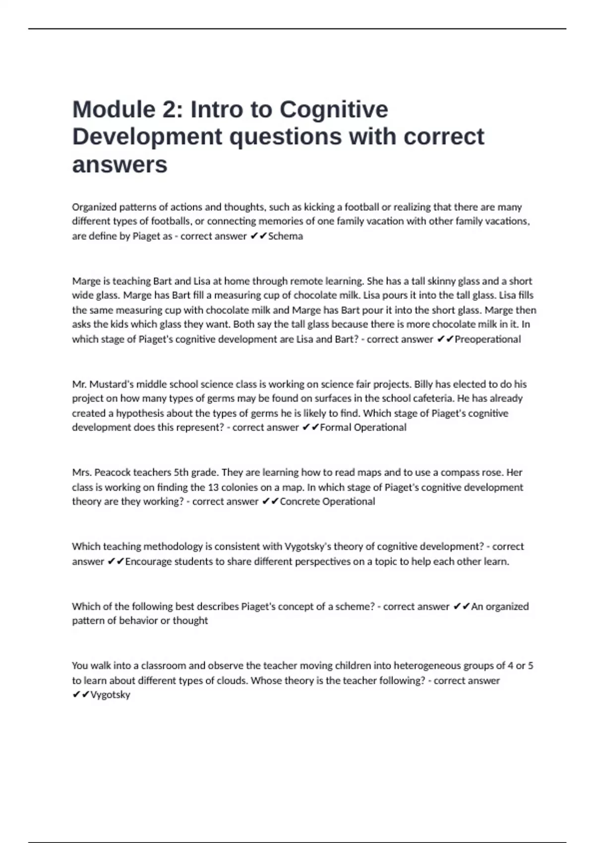 Module 2: Intro to Cognitive Development questions with correct answers ...