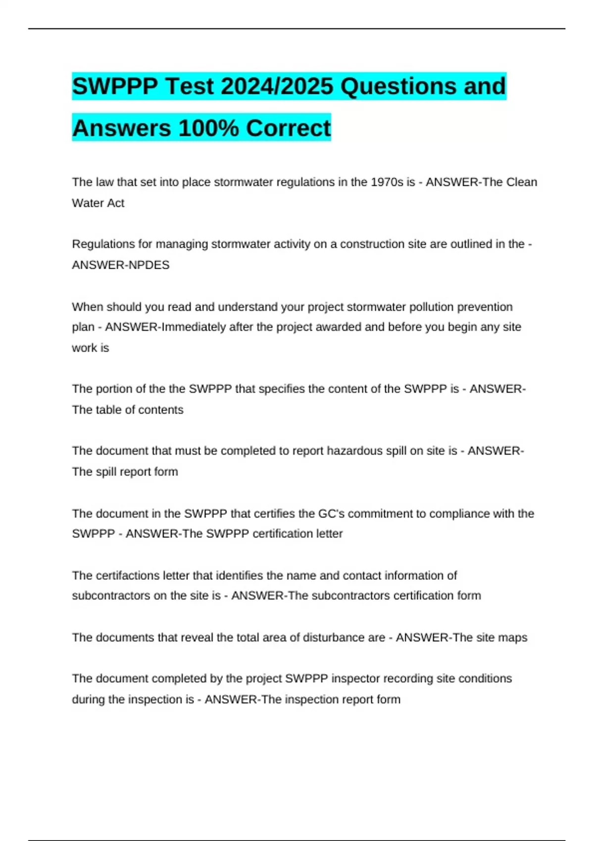 SWPPP Test 2024/2025 Questions and Answers 100% Correct - Swppp - Stuvia US