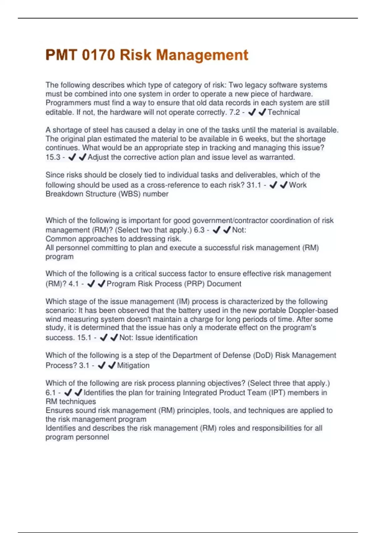 PMT 0170 Risk Management Questions With Answers Graded A+ Assured ...